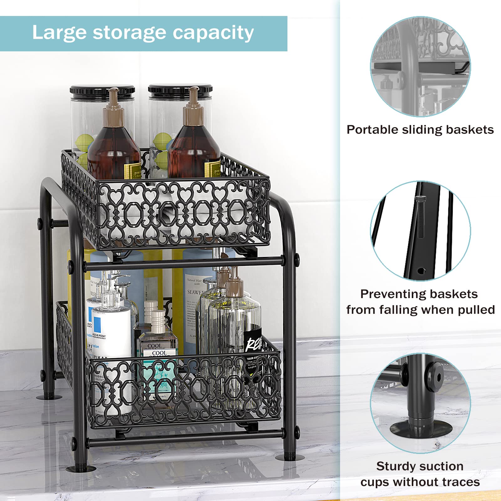 Pull Out Cabinet Organizer, 2-Tier Under Sink Organizer with Sliding Storage Basket Drawers, Metal Under Sink Organizers and Storage for Bathroom and Kitchen Under Sinks, Cabinets and Countertops
