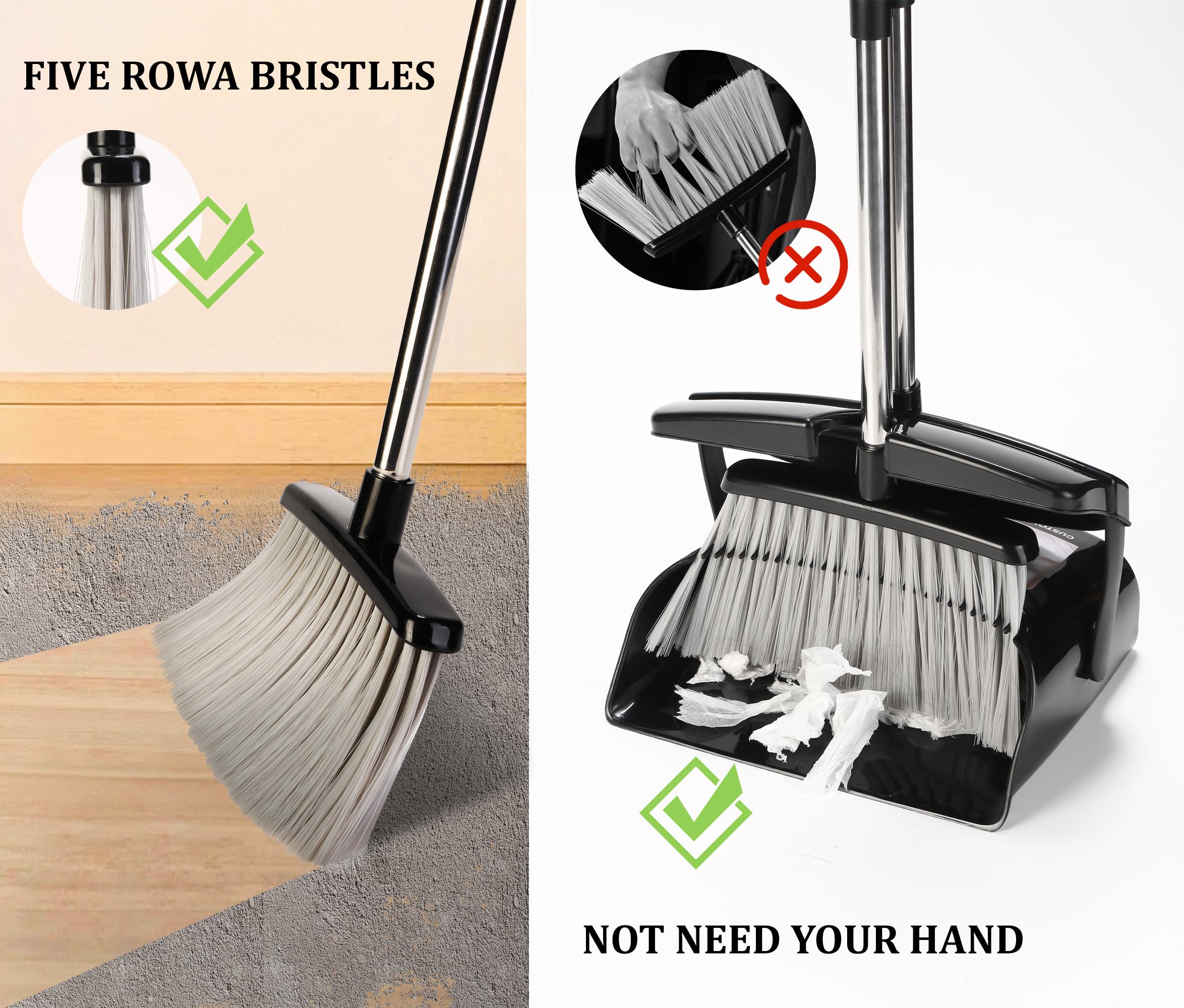 Broom and Dustpan Set for Home with Lid Indoor Upright Dustpan and Broom Combo Dust Pan with Long Handle Standing Sweeper Angle Broom Sweeping Room Office Garden Kitchen Floor Kids Pet Hair
