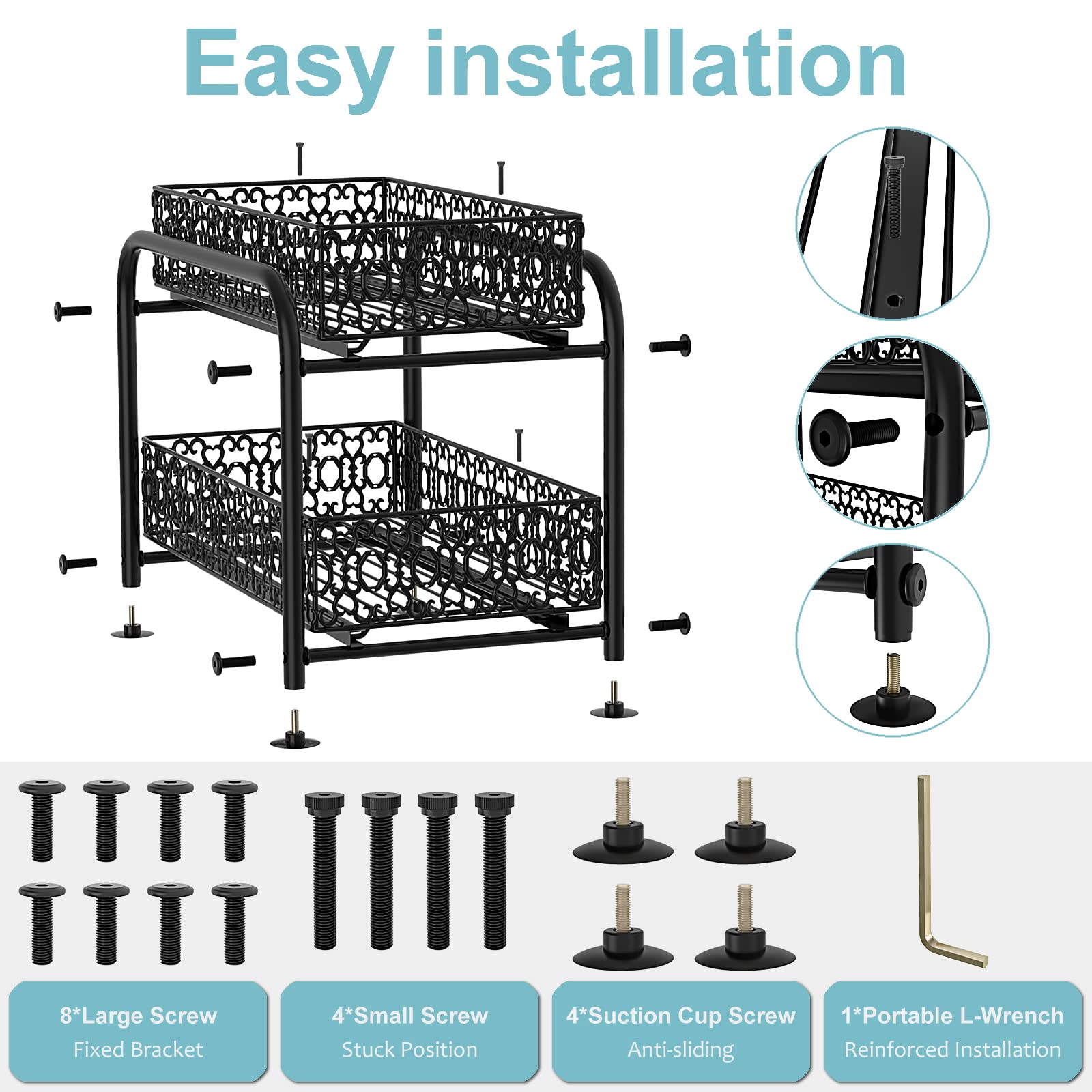 Pull Out Cabinet Organizer, 2-Tier Under Sink Organizer with Sliding Storage Basket Drawers, Metal Under Sink Organizers and Storage for Bathroom and Kitchen Under Sinks, Cabinets and Countertops