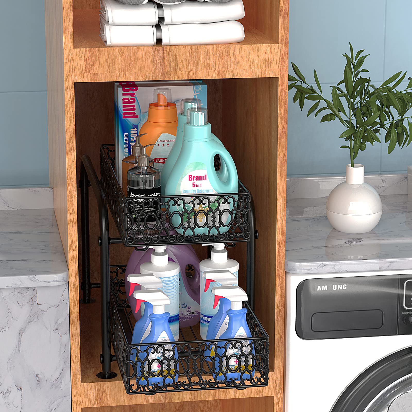 Pull Out Cabinet Organizer, 2-Tier Under Sink Organizer with Sliding Storage Basket Drawers, Metal Under Sink Organizers and Storage for Bathroom and Kitchen Under Sinks, Cabinets and Countertops