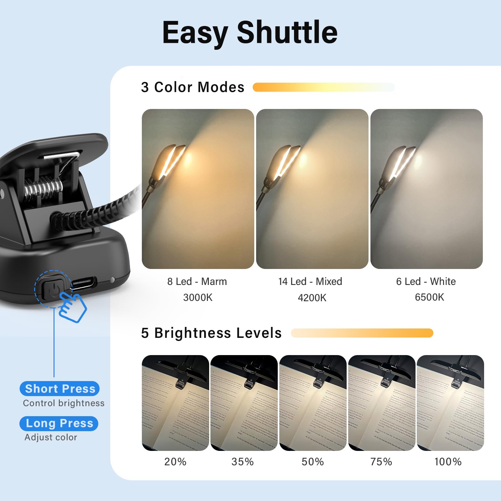 Vekkia 14 LED Rechargeable Book-Light for Reading at Night in Bed, Warm/White Reading Light with Clamp, 180° Adjustable Clip on Light, Lightweight Eye Care Book Light, Perfect for Book Lovers