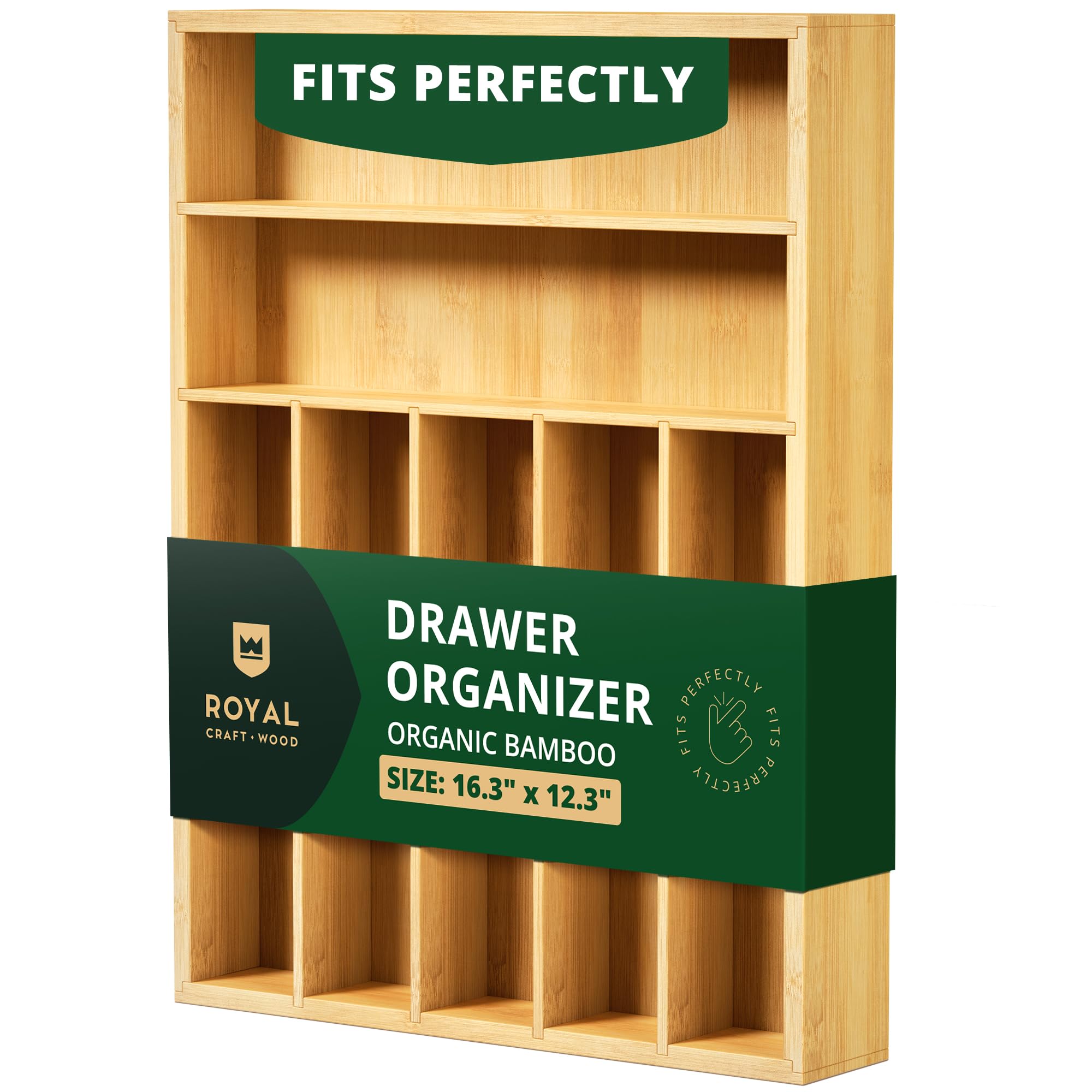 ROYAL CRAFT WOOD Luxury Bamboo Kitchen Drawer Organizer - Silverware Organizer and Cutlery Tray with Grooved Drawer Dividers for Flatware and Kitchen Utensils (7 Slot, Natural)