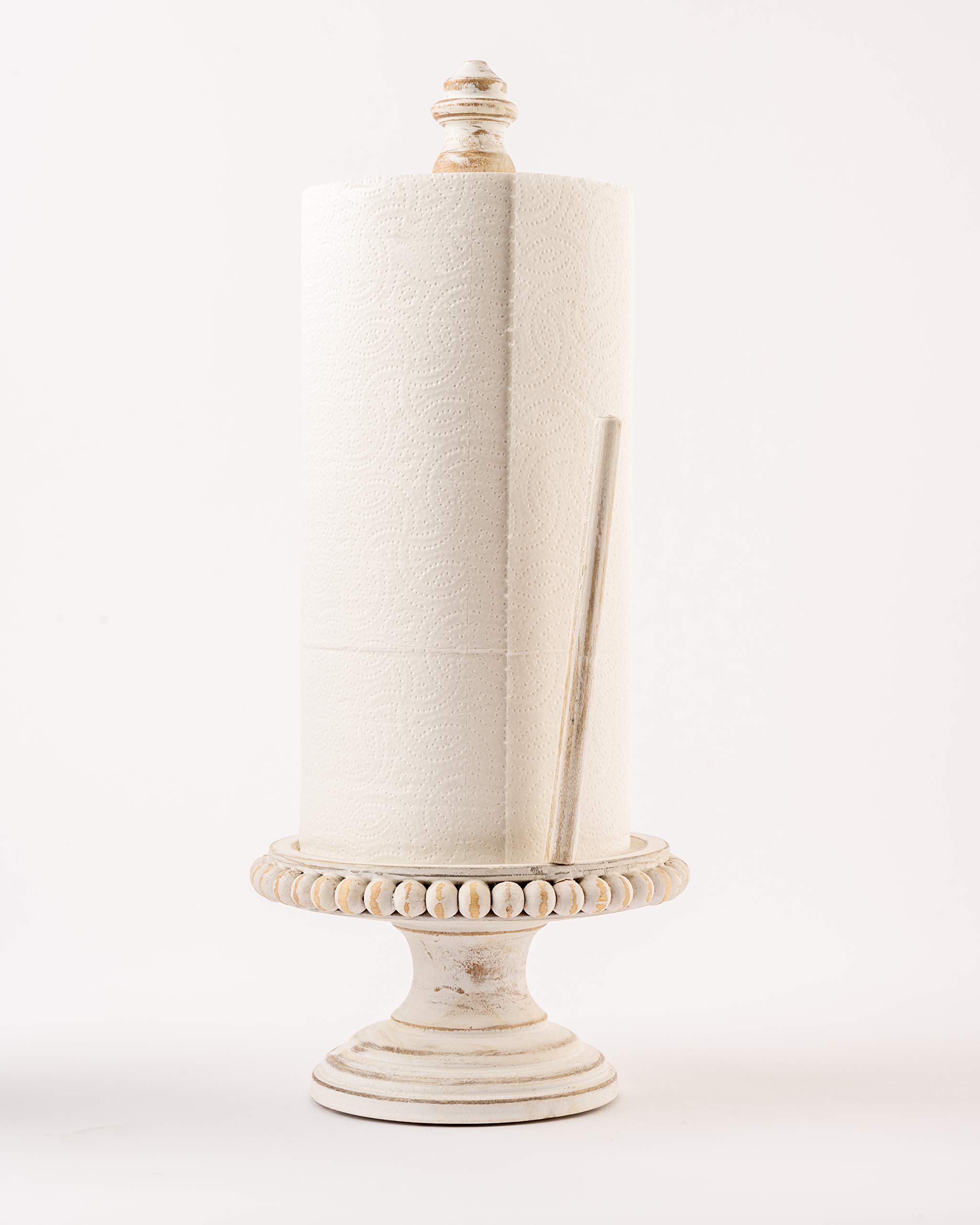 Mud Pie 47100002 Farmhouse Washed Beaded Wood Pedestal Paper Towel Holder, 16" x 6" Dia, White, Grey