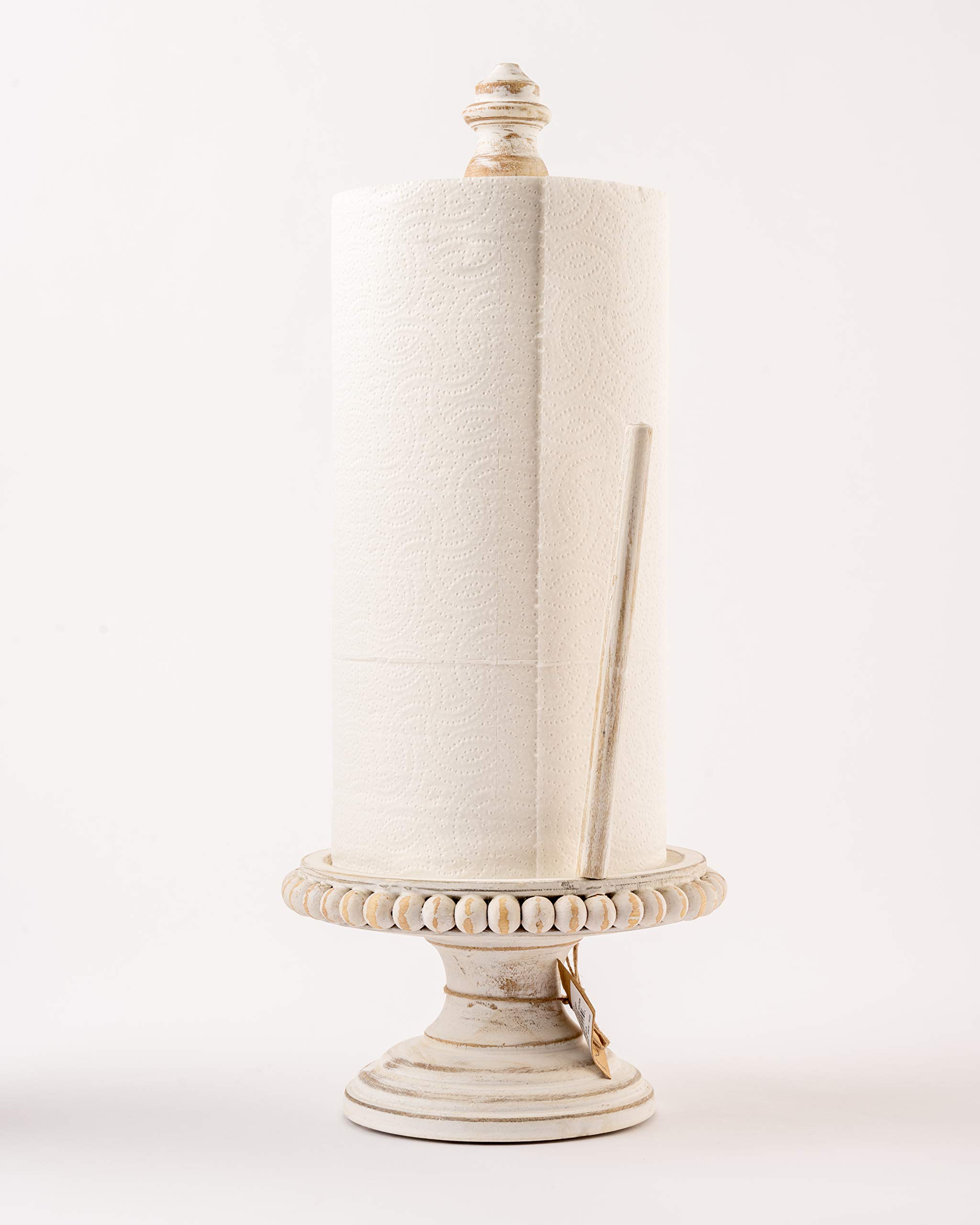 Mud Pie 47100002 Farmhouse Washed Beaded Wood Pedestal Paper Towel Holder, 16" x 6" Dia, White, Grey