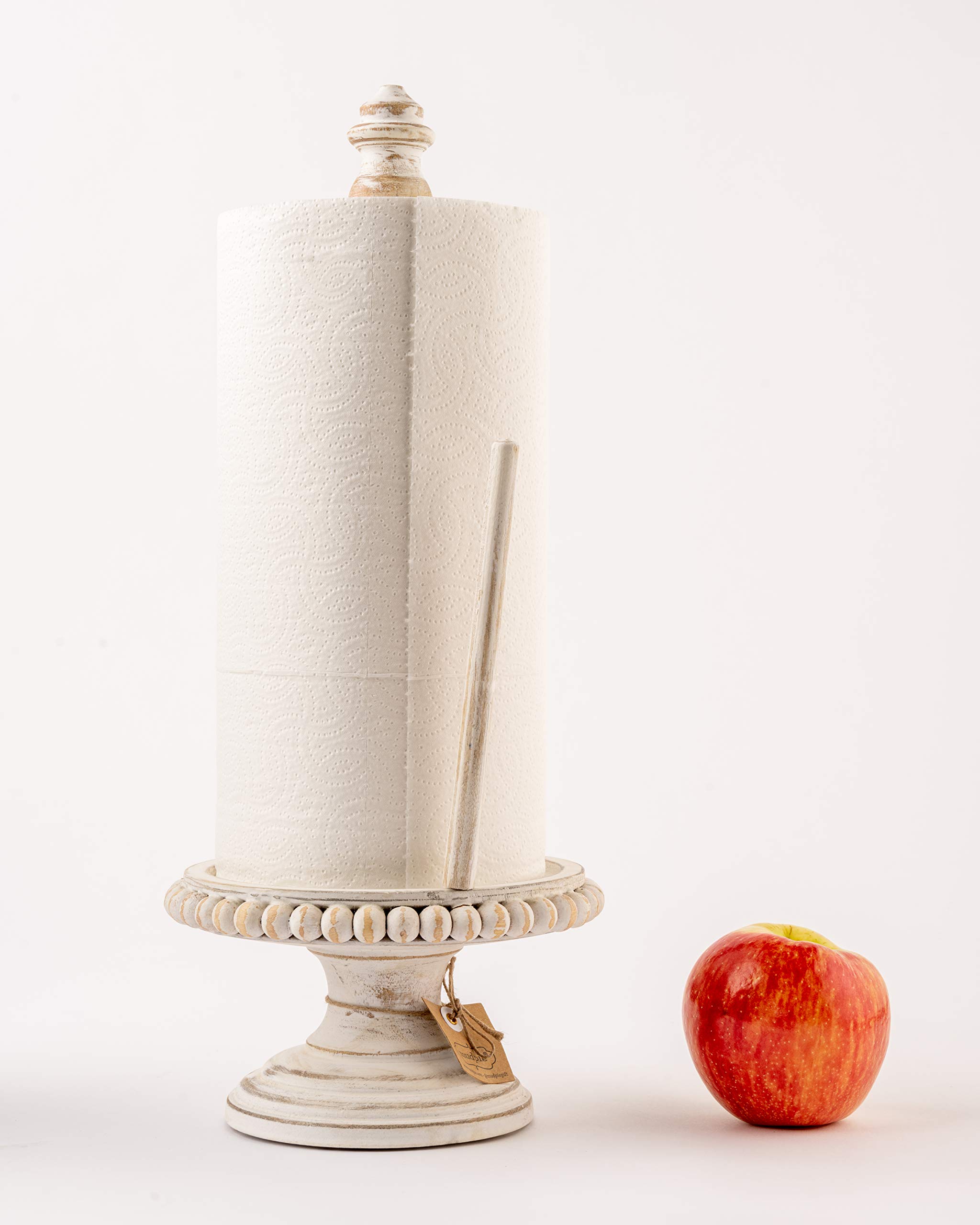 Mud Pie 47100002 Farmhouse Washed Beaded Wood Pedestal Paper Towel Holder, 16" x 6" Dia, White, Grey