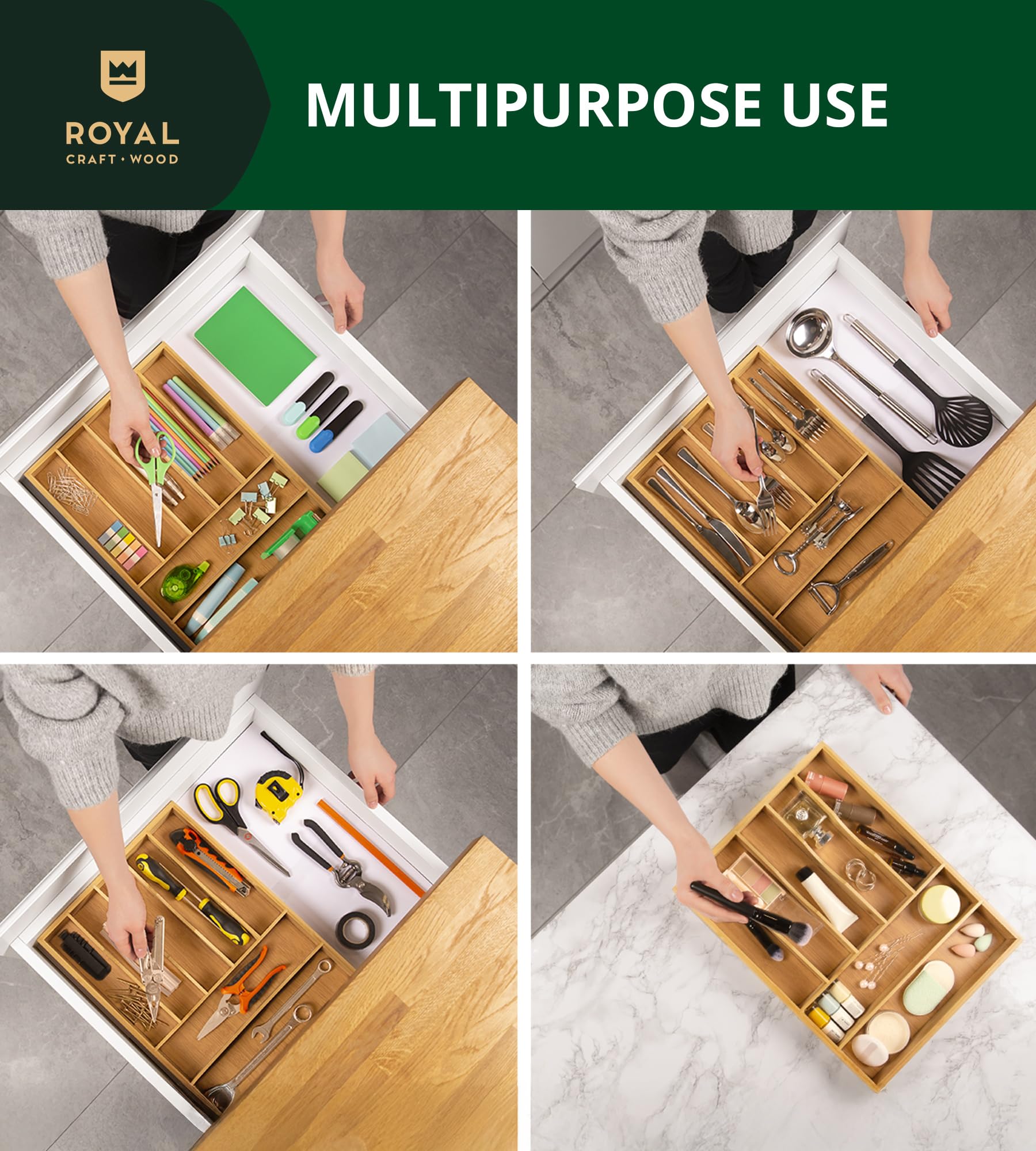 ROYAL CRAFT WOOD Luxury Bamboo Kitchen Drawer Organizer - Silverware Organizer and Cutlery Tray with Grooved Drawer Dividers for Flatware and Kitchen Utensils (7 Slot, Natural)