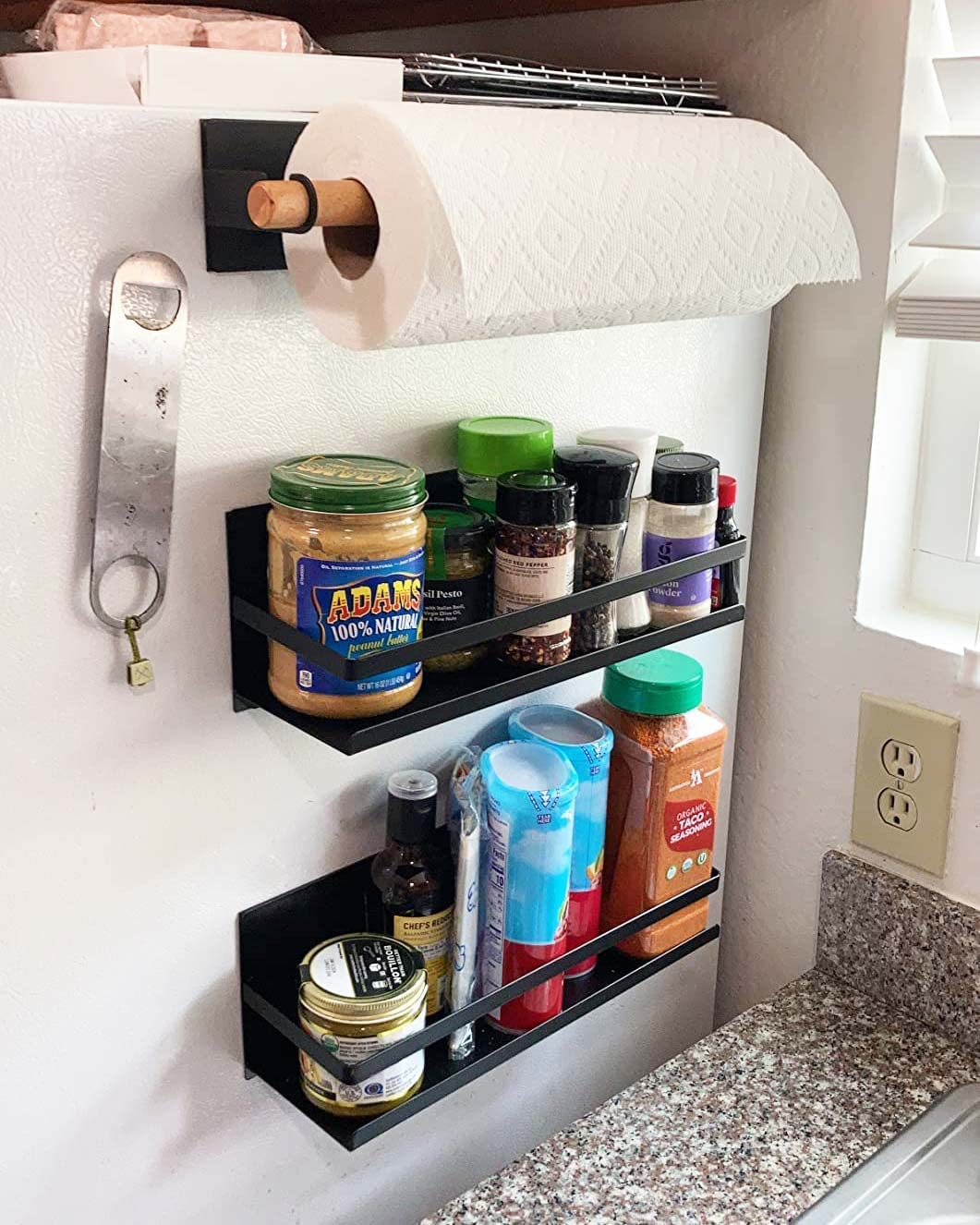 SANNO Magnetic Spice Rack for Refrigerator, Magnetic Paper Towel Holder Strong Magnet Shelf Kitchen Storage Organizer for Side of Fridge,Over Stove,Save Space on Counter