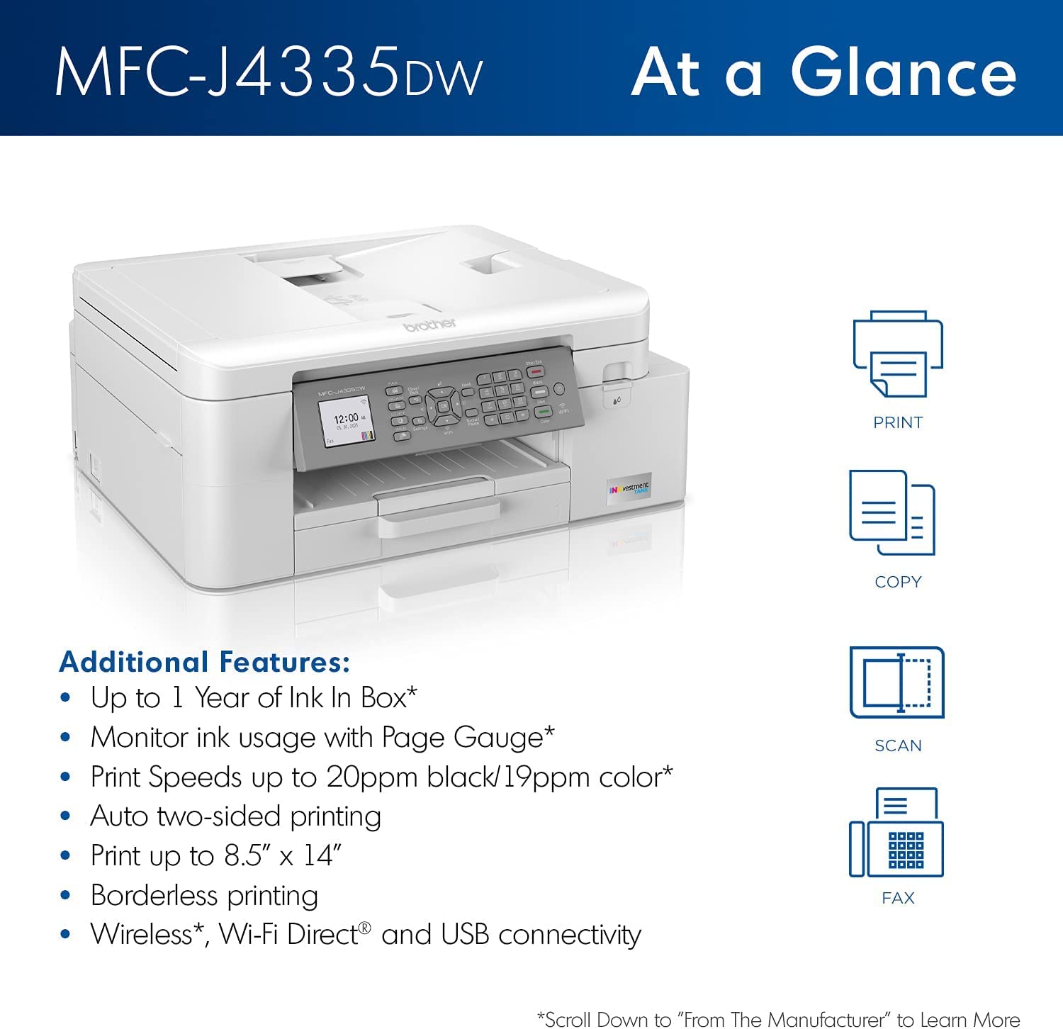 Brother MFC-J4335DW INKvestment Tank All-in-One Printer with Duplex and Wireless Printing Plus Up to 1-Year of Ink in-Box (Renewed)