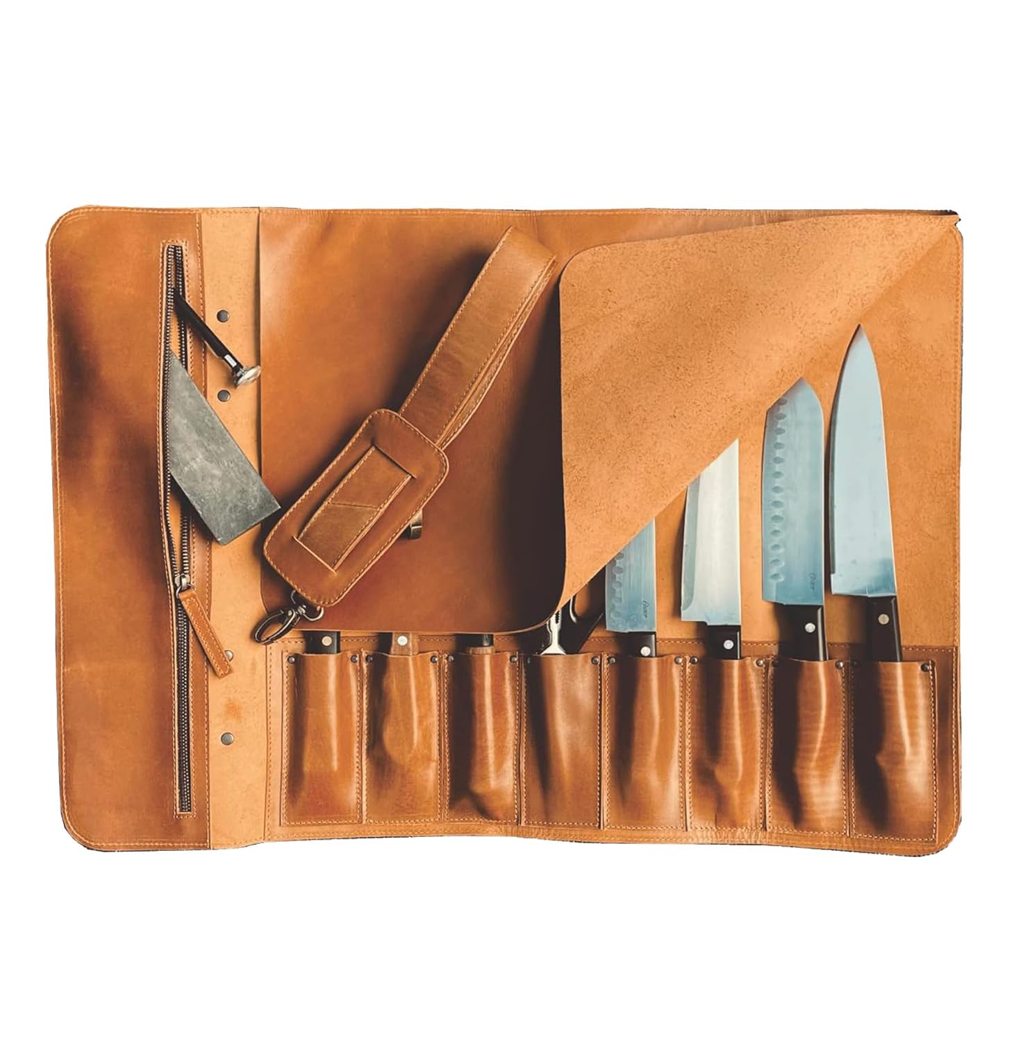 MARION - LE KANGOU - Genuine Calf Top Grain Leather - Handcrafted Professional Chef Knife Storage Roll Bag - 8 Pockets - Detachable Shoulder Strap - Zippered Interior Pocket