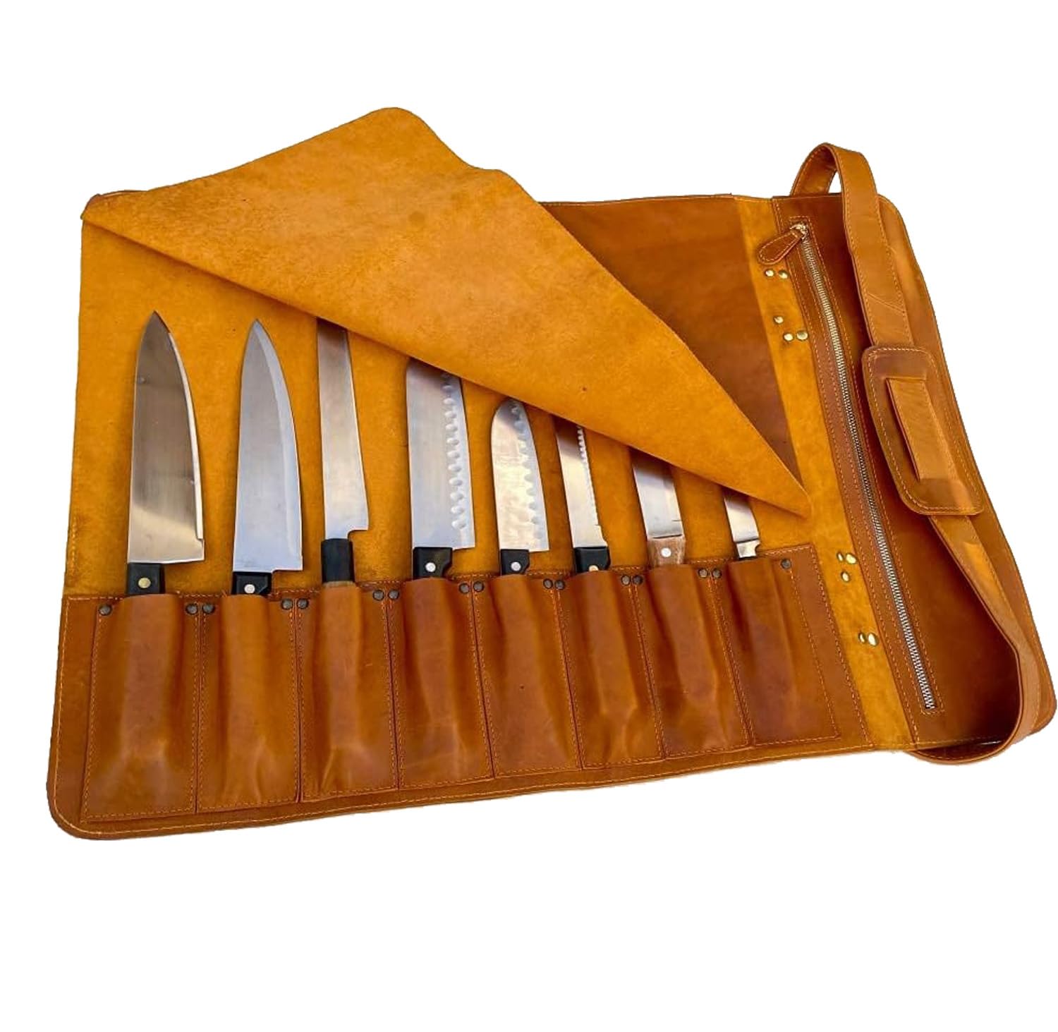 MARION - LE KANGOU - Genuine Calf Top Grain Leather - Handcrafted Professional Chef Knife Storage Roll Bag - 8 Pockets - Detachable Shoulder Strap - Zippered Interior Pocket