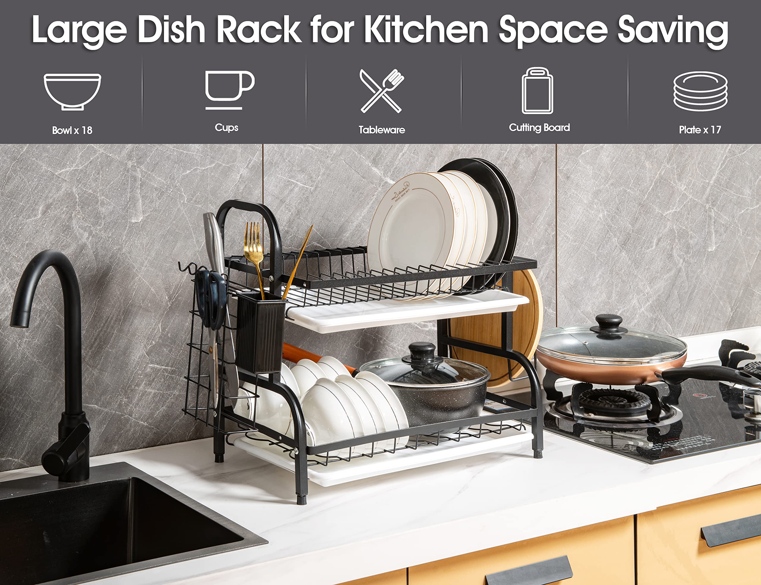 Supercenter Dish Drying Rack,2 Tier Dish Racks for Kitchen Counter with Drainboard,Rust-Resistant Drying Rack with Cutting Board Holder,Black