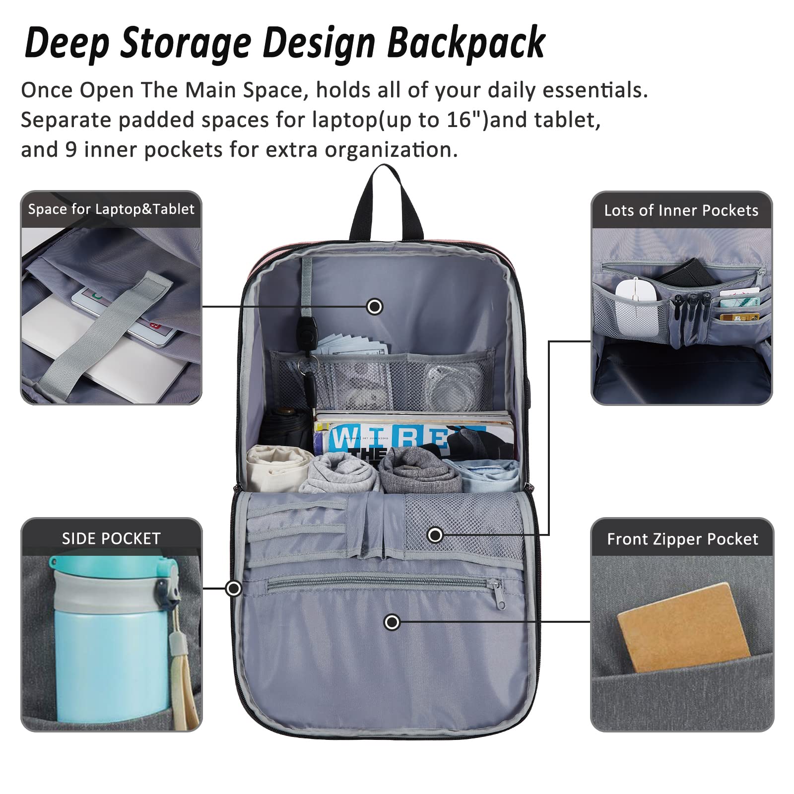 MAXTOP Travel Laptop Backpack with USB Charging Port Anti-Theft[Water Resistant] College School Bookbag Fits 17 Inch Laptop
