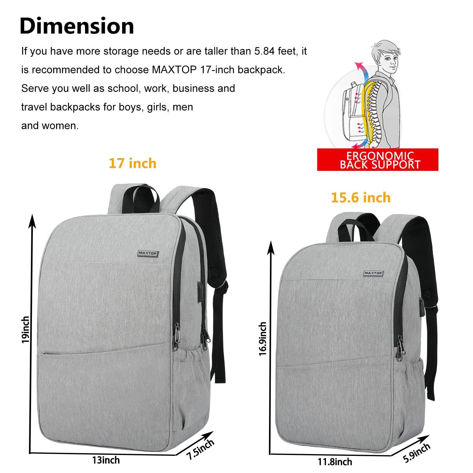 MAXTOP Travel Laptop Backpack with USB Charging Port Anti-Theft[Water Resistant] College School Bookbag Fits 17 Inch Laptop