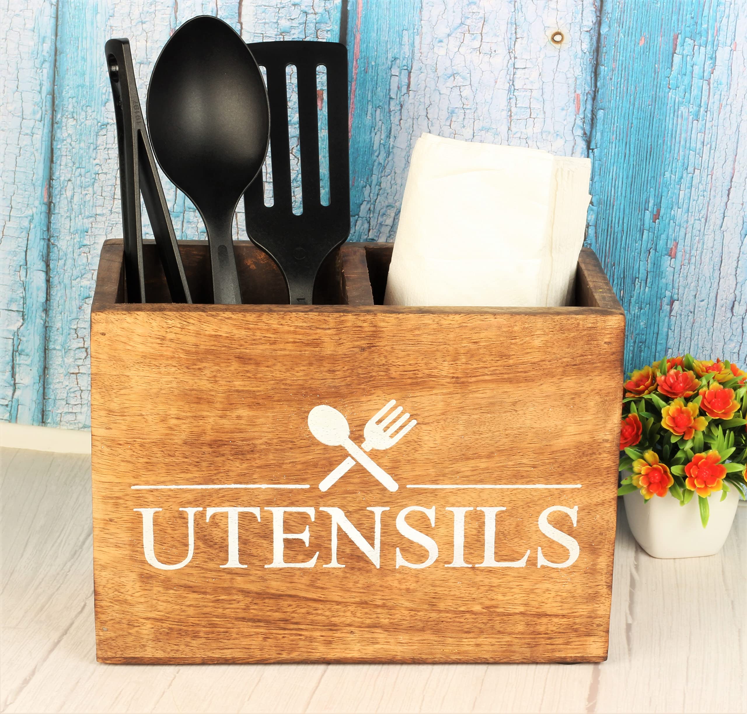 ARTISENIA Wooden Kitchen Utensil Holder With 2 Compartments Wood Utensil Organizer for Cutlery, Napkins, Cups Caddy Organizer | 9.5 X 5 X 7 Inch