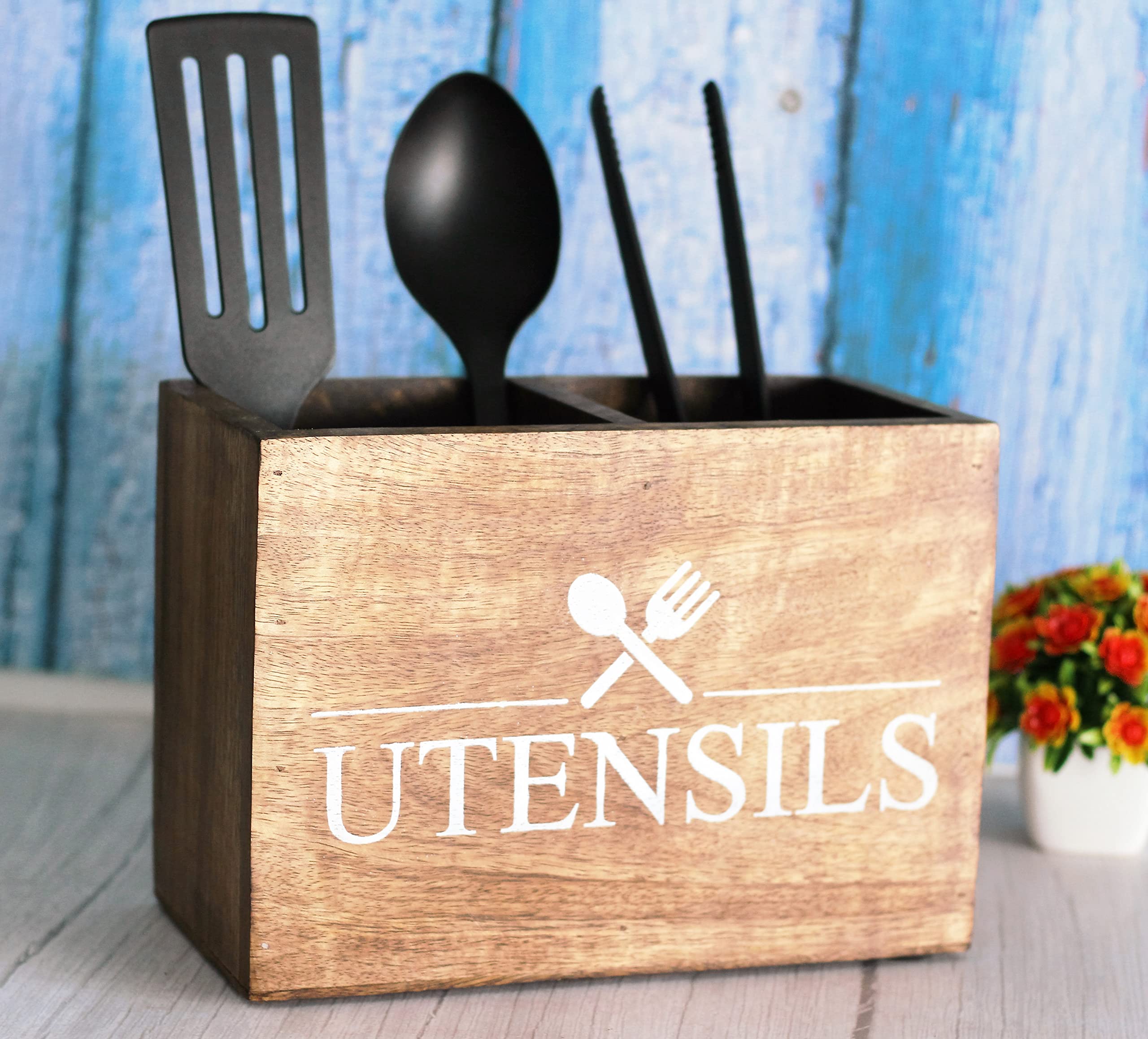 ARTISENIA Wooden Kitchen Utensil Holder With 2 Compartments Wood Utensil Organizer for Cutlery, Napkins, Cups Caddy Organizer | 9.5 X 5 X 7 Inch