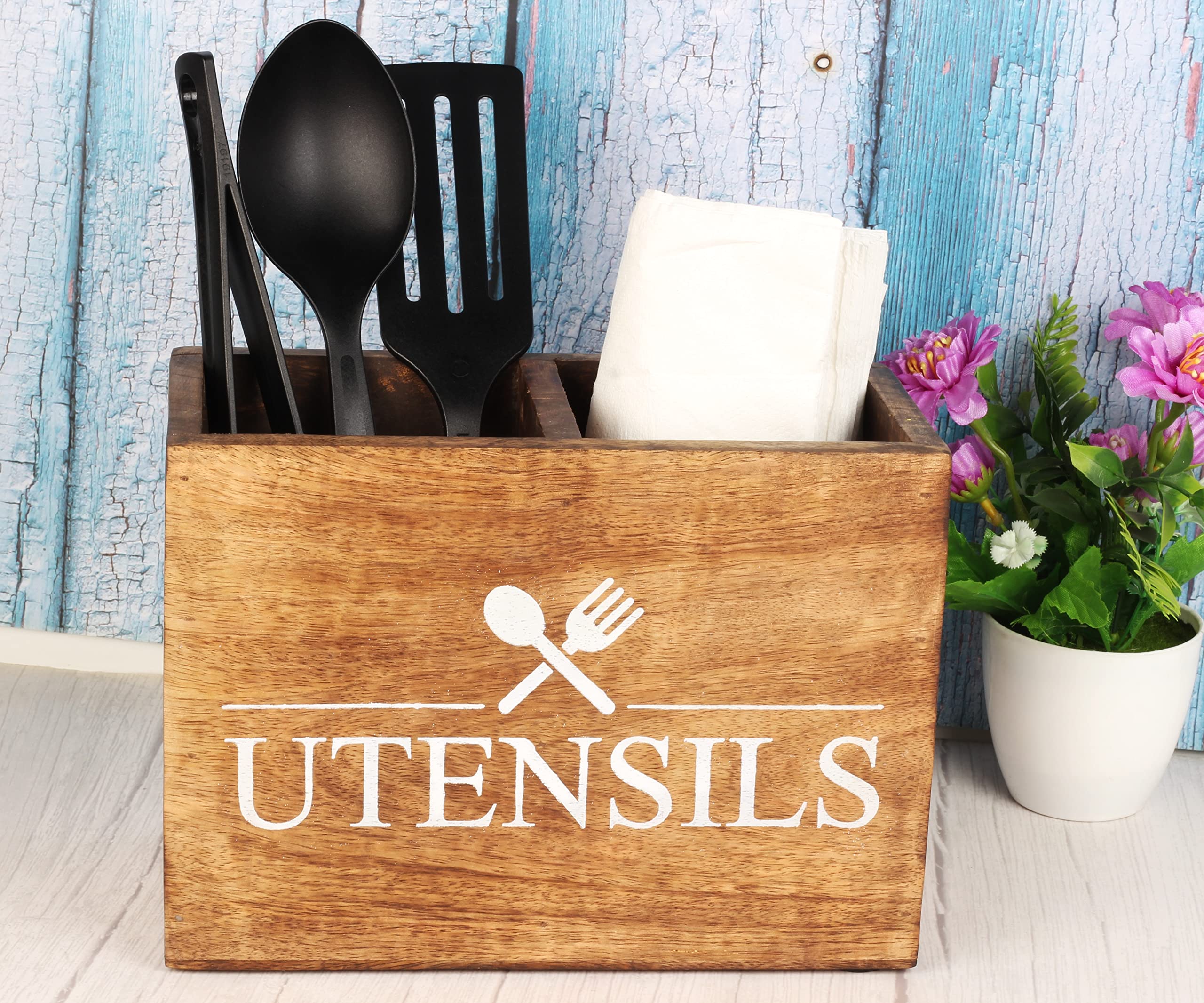 ARTISENIA Wooden Kitchen Utensil Holder With 2 Compartments Wood Utensil Organizer for Cutlery, Napkins, Cups Caddy Organizer | 9.5 X 5 X 7 Inch