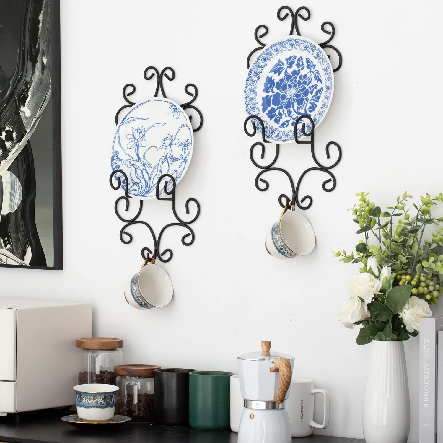 MyGift Wall Plate Display Holder, Set of 2 - Vintage Scroll Work Style Black Metal Wall-Mounted Tea Cup and Saucer Hanging Rack, Holds Plates Up To 11 Inches