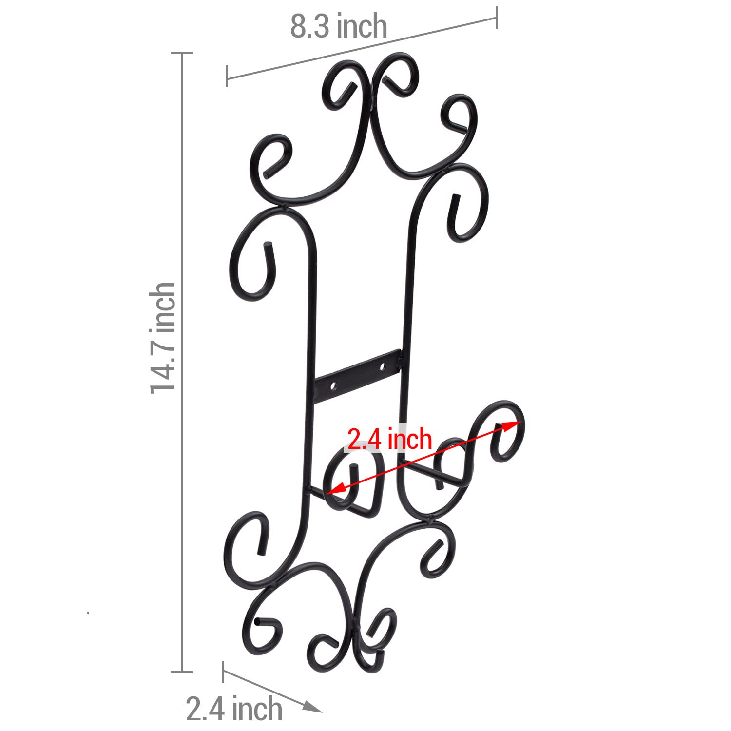 MyGift Wall Plate Display Holder, Set of 2 - Vintage Scroll Work Style Black Metal Wall-Mounted Tea Cup and Saucer Hanging Rack, Holds Plates Up To 11 Inches