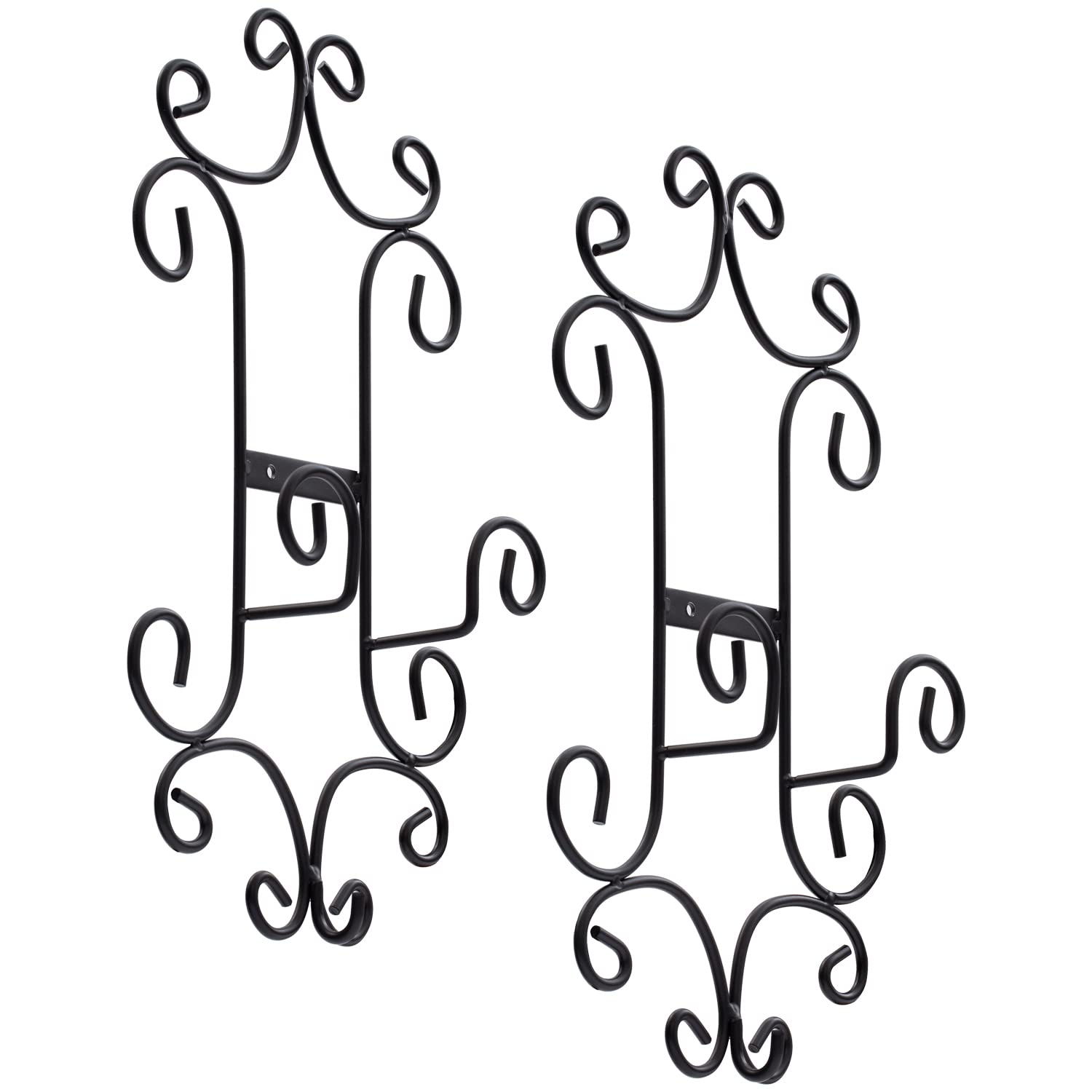 MyGift Wall Plate Display Holder, Set of 2 - Vintage Scroll Work Style Black Metal Wall-Mounted Tea Cup and Saucer Hanging Rack, Holds Plates Up To 11 Inches