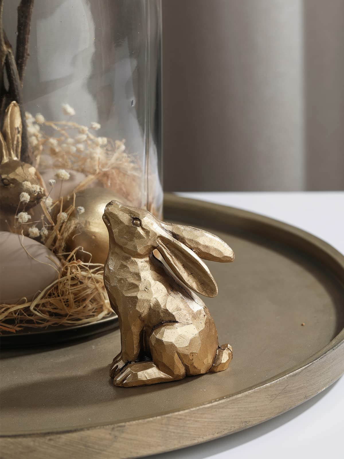 DN DECONATION Golden Polyresin Bunny Decor Rabbit Figurines, Easter Bunny Statue Set of 3 for Spring Tabletop Decor