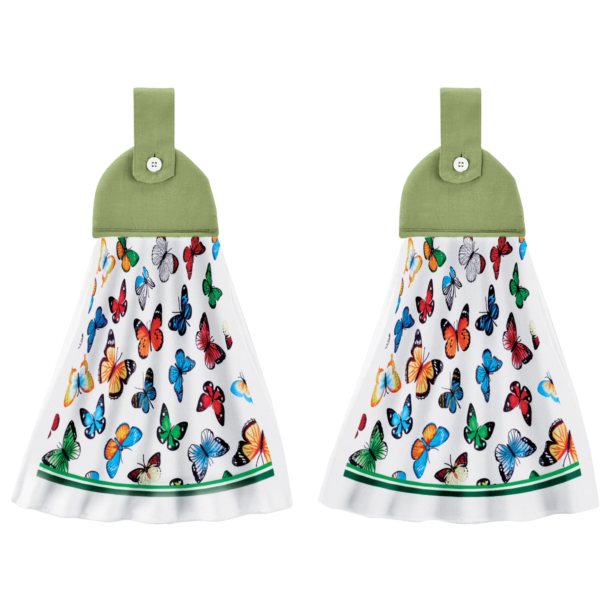Collections Etc 2-Piece Hanging Tab Top Butterfly Kitchen Towels - for Appliances, Drawer Handles - Machine Washable Cotton, Polyester