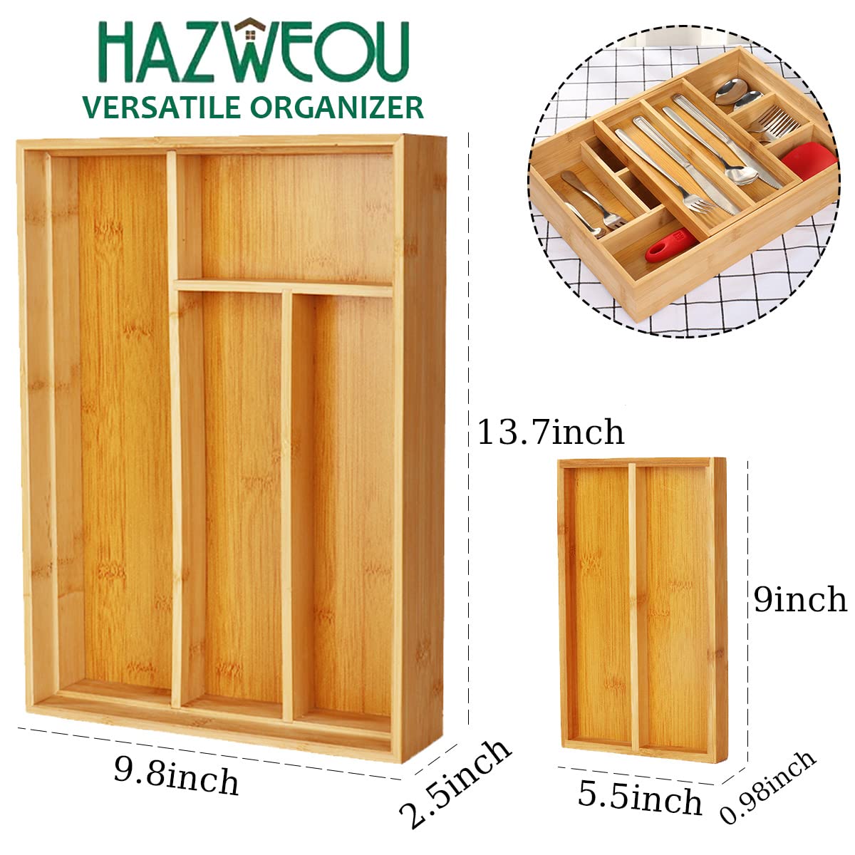 HAZWEOU Bamboo Silverware Organizer - Kitchen Drawer Organizer and Utensil Organizer - Cutlery – Flatware - Hardware Organizer, with Small Slidable Organizer(Natural)