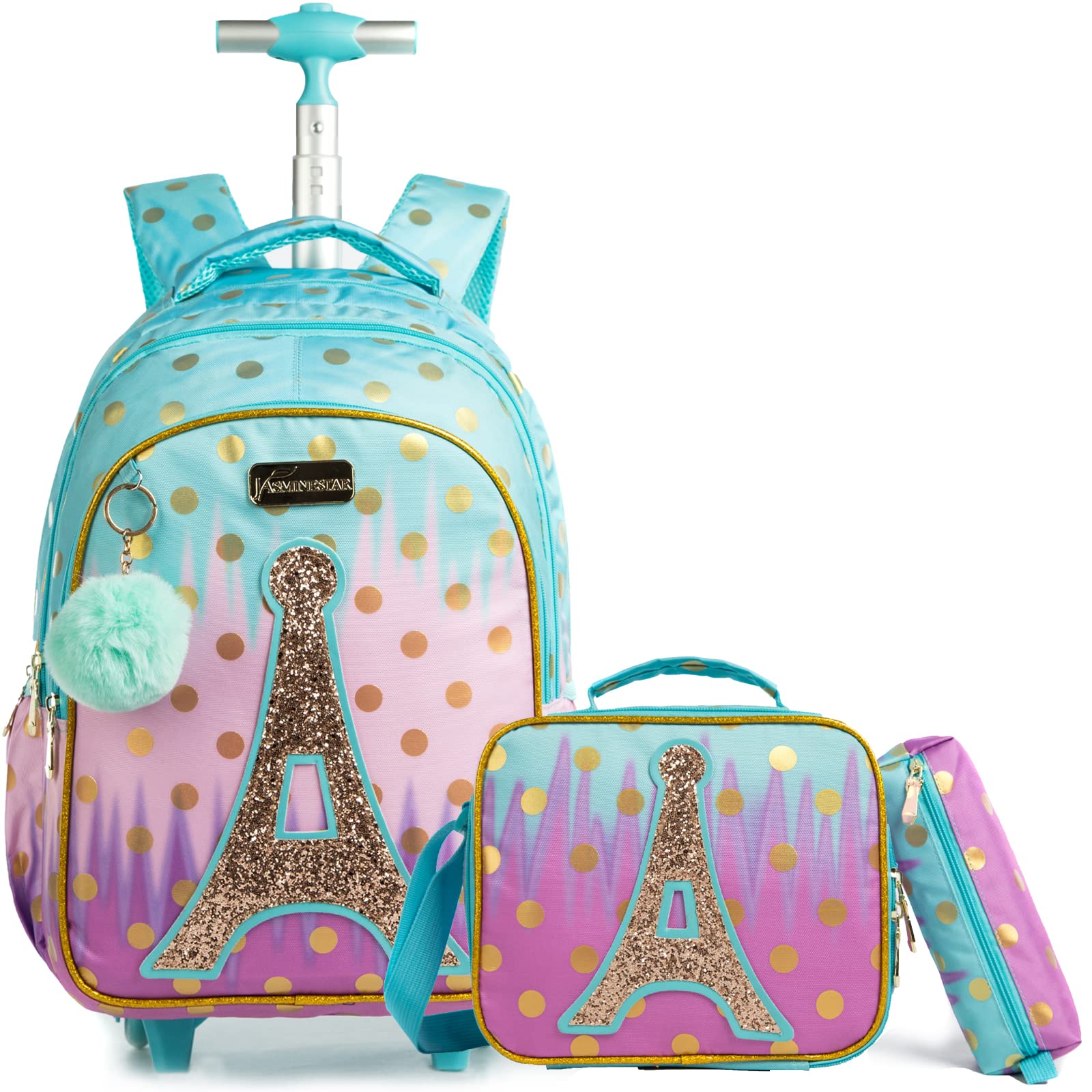 Egchescebo School Bags Kids Rolling Backpack Luggage Suitcase With Wheels Trolley Wheeled Backpacks for Girls Travel Bags 3PCS Cat Backpack With Lunch for kids Sky Blue Bags