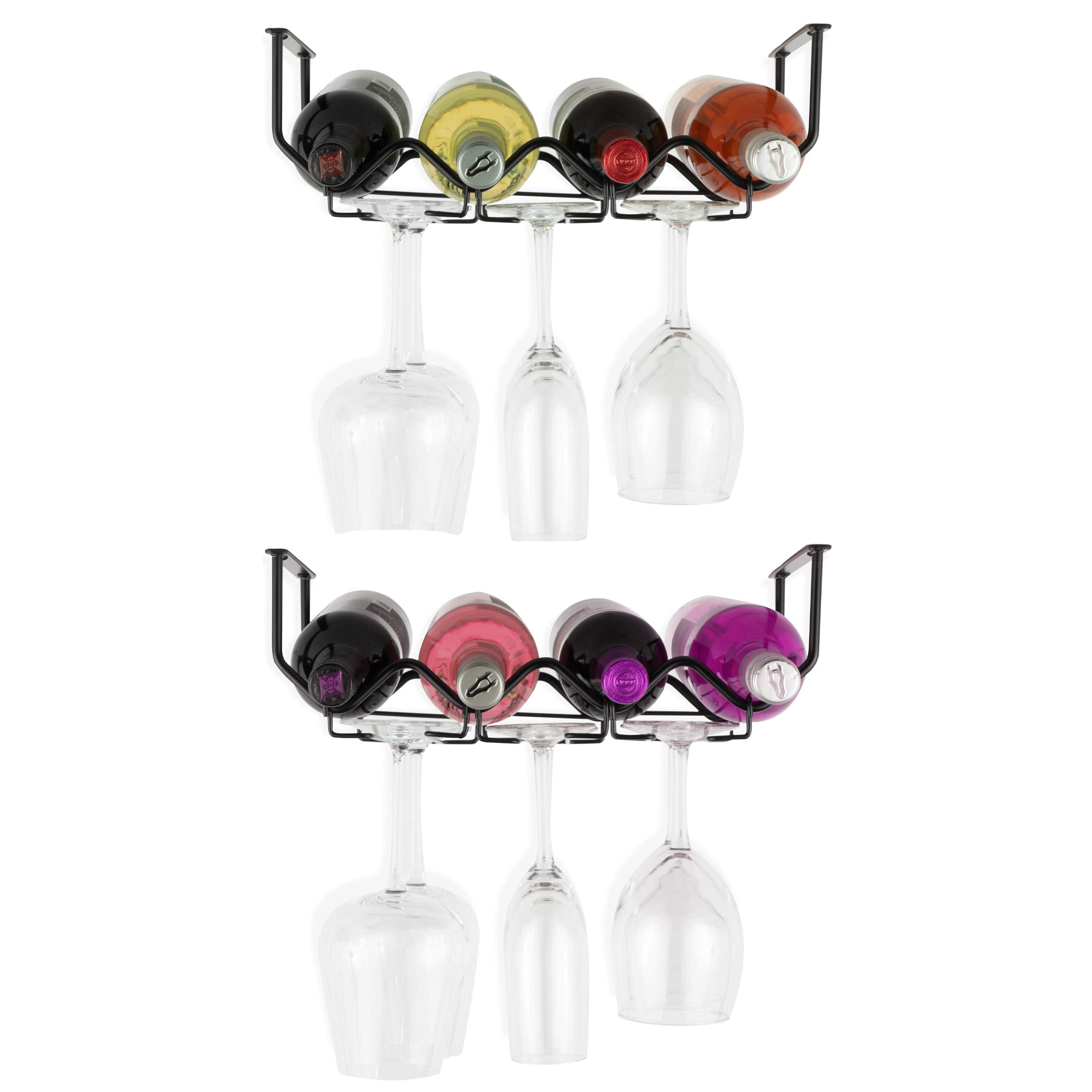 Wallniture Piccola Under Cabinet Wine Rack and Glasses Holder, Kithcen Organization and Storage Rack, Metal Black Set of 2