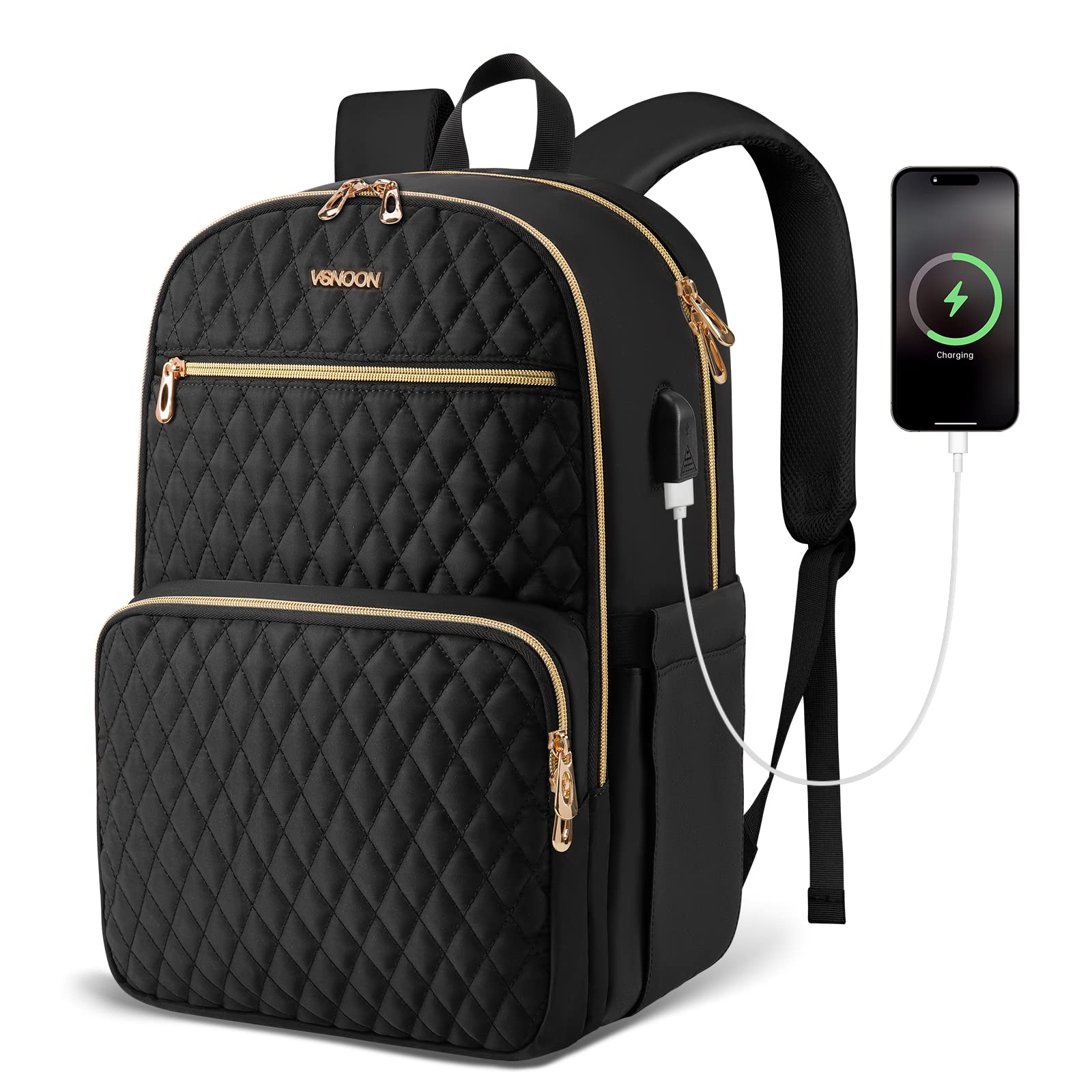 VSNOON Laptop Backpack Women, 15.6 Inch College School Bookbag, Water Resistant Travel Work Backpack with USB Charging Port, Large Capacity Teacher Nurse Bags Casual Daypacks for School College, Black