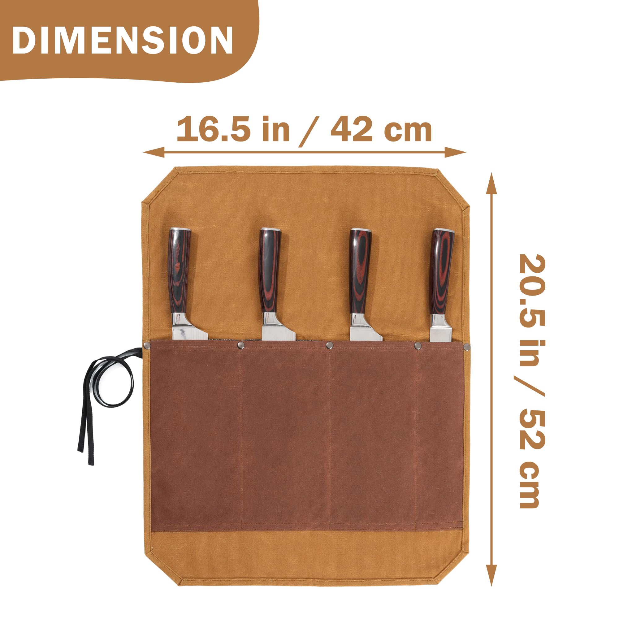 Chef's Knife Case, Heavy Duty 16oz Waxed Canvas Knife Carrier, 4 Slots Two-Color Knife Roll with Specialized Cut-Proof Cloth, Khaki & Brown (21.5"L x 17.5"W)