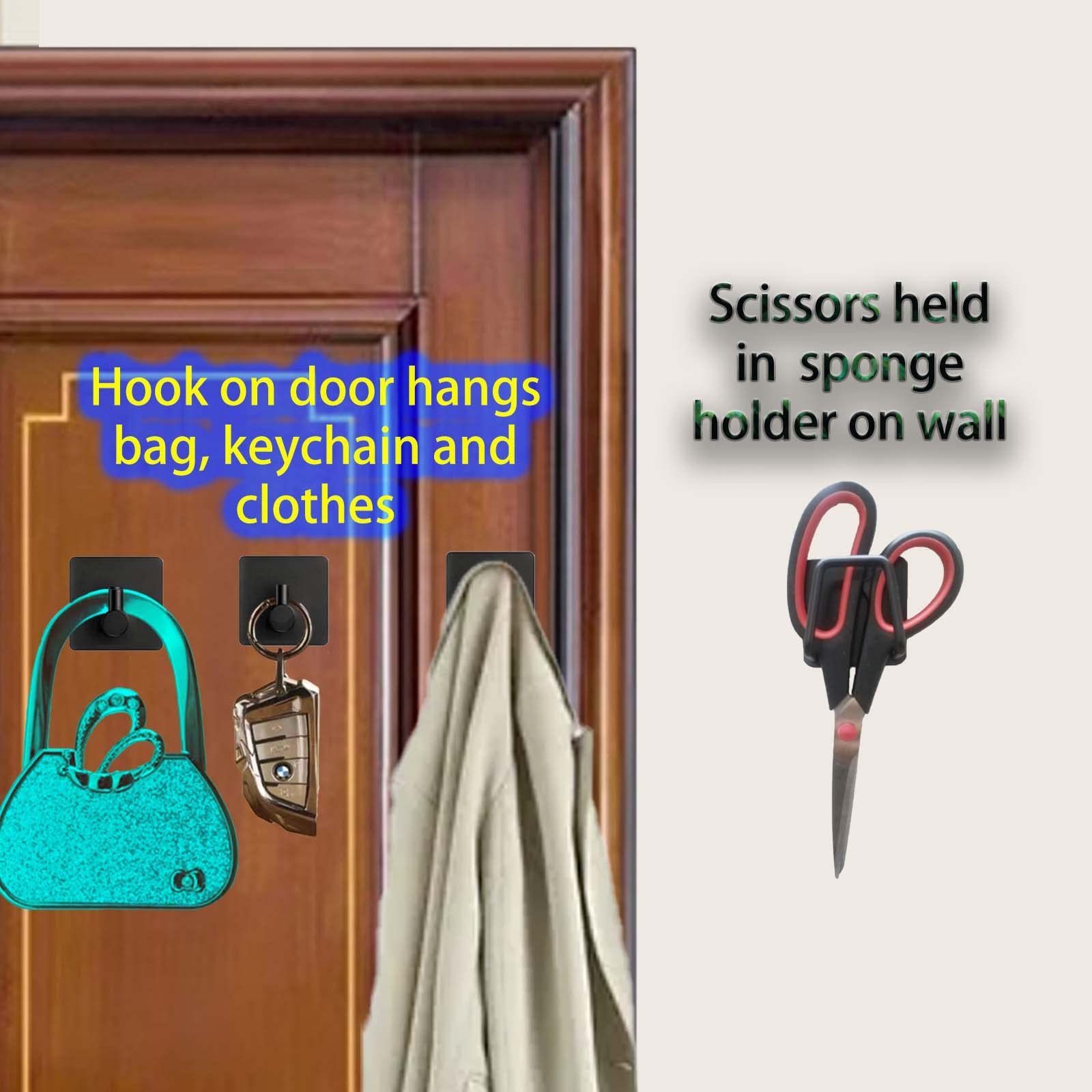 2 Self Adhesive&Waterproof Sponge Holder and 2 Multifuctional Hooks with Stainless Steel Used in Kitchen