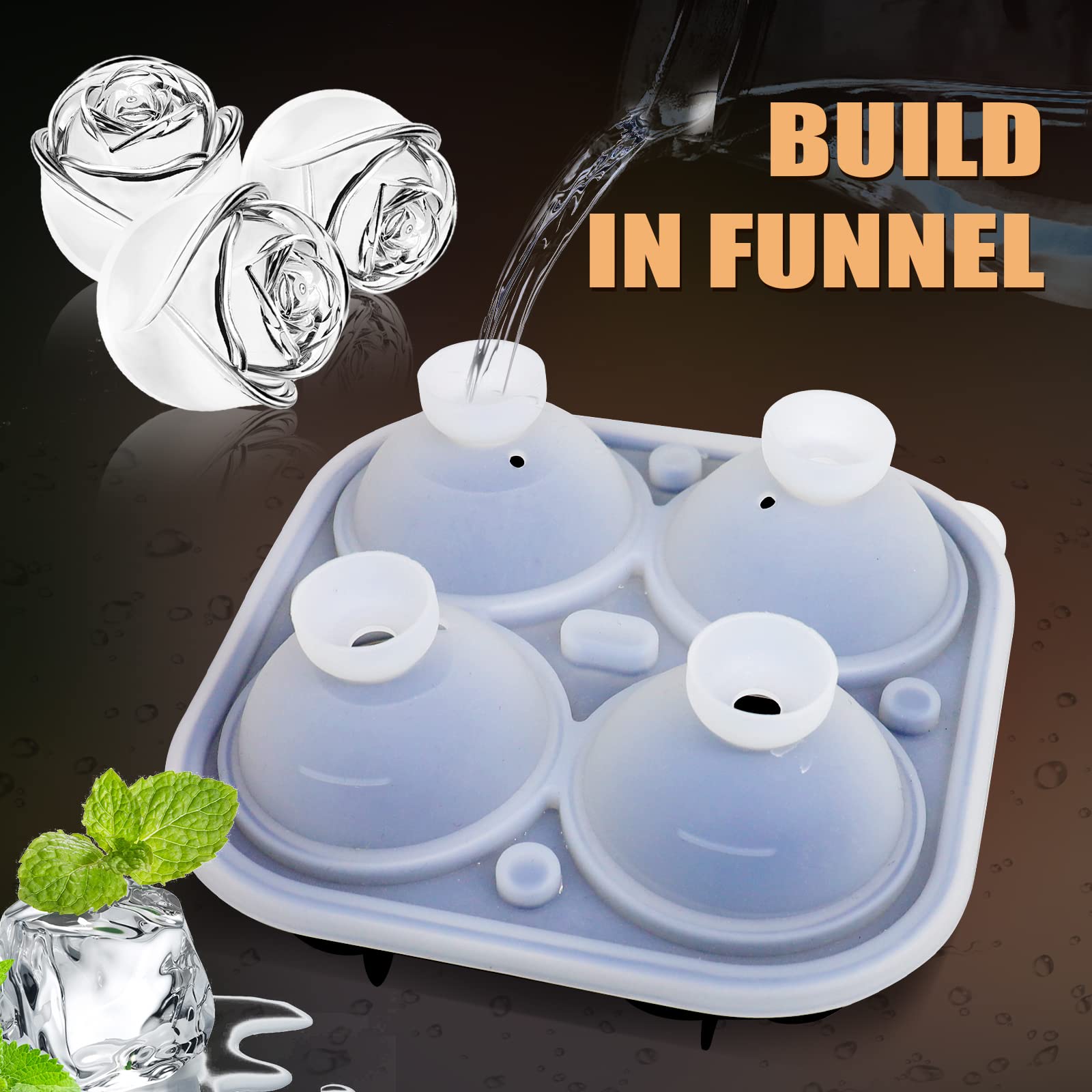 KooMall 3D Rose Ice Molds 2.5 Inch, Large Ice Cube Trays, Make 4 Giant Cute Flower Shape Ice, Silicone Rubber Fun Big Ice Ball Maker for Cocktails Juice Whiskey Bourbon Freezer, Dishwasher Safe, Pink