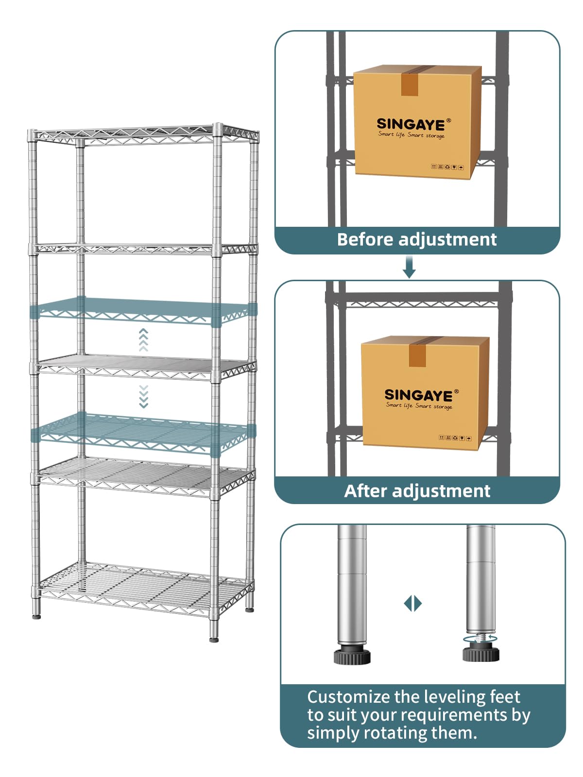 SINGAYE 5 Tier Adjustable Storage Shelf Metal Storage Rack Wire Shelving Unit Storage Shelves Metal 660Lbs Capacity 23.6" L x 14" W x 59.1" H for Pantry Closet Kitchen Laundry Silver
