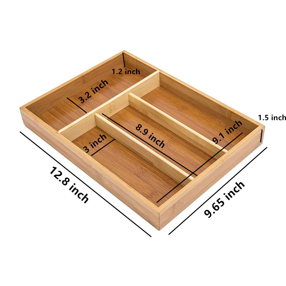 2 Pack Utensil Bamboo Silverware Organizer - 4 Compartments - Bamboo Hardware Jewelry Drawer Holder Kitchen Knives Tray Organizer