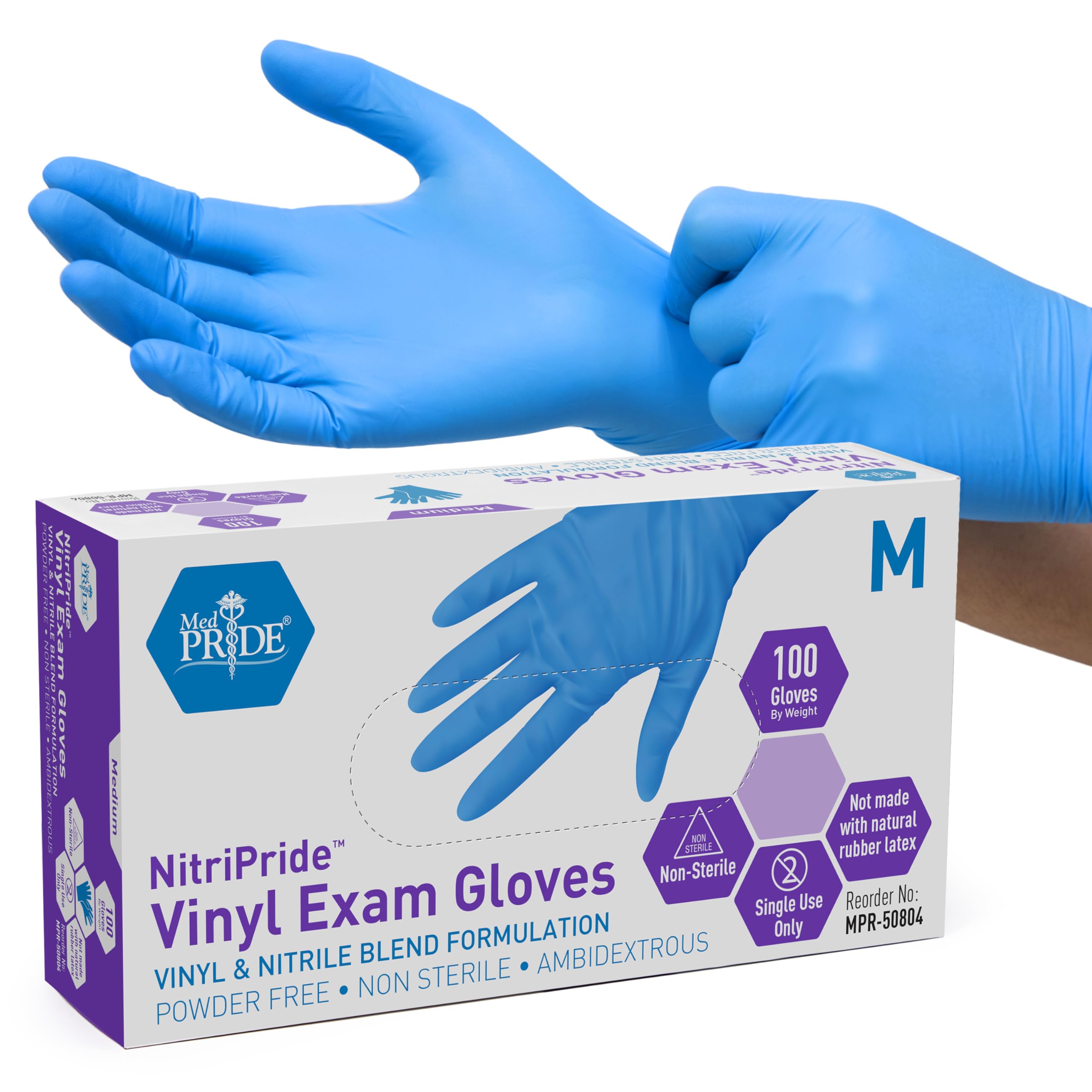 Med PRIDE NitriPride Nitrile-Vinyl Blend Exam Gloves, Medium 100 - Powder Free, Latex Free & Rubber Free - Single Use Non-Sterile Protective Gloves for Medical Use, Cooking, Cleaning & More