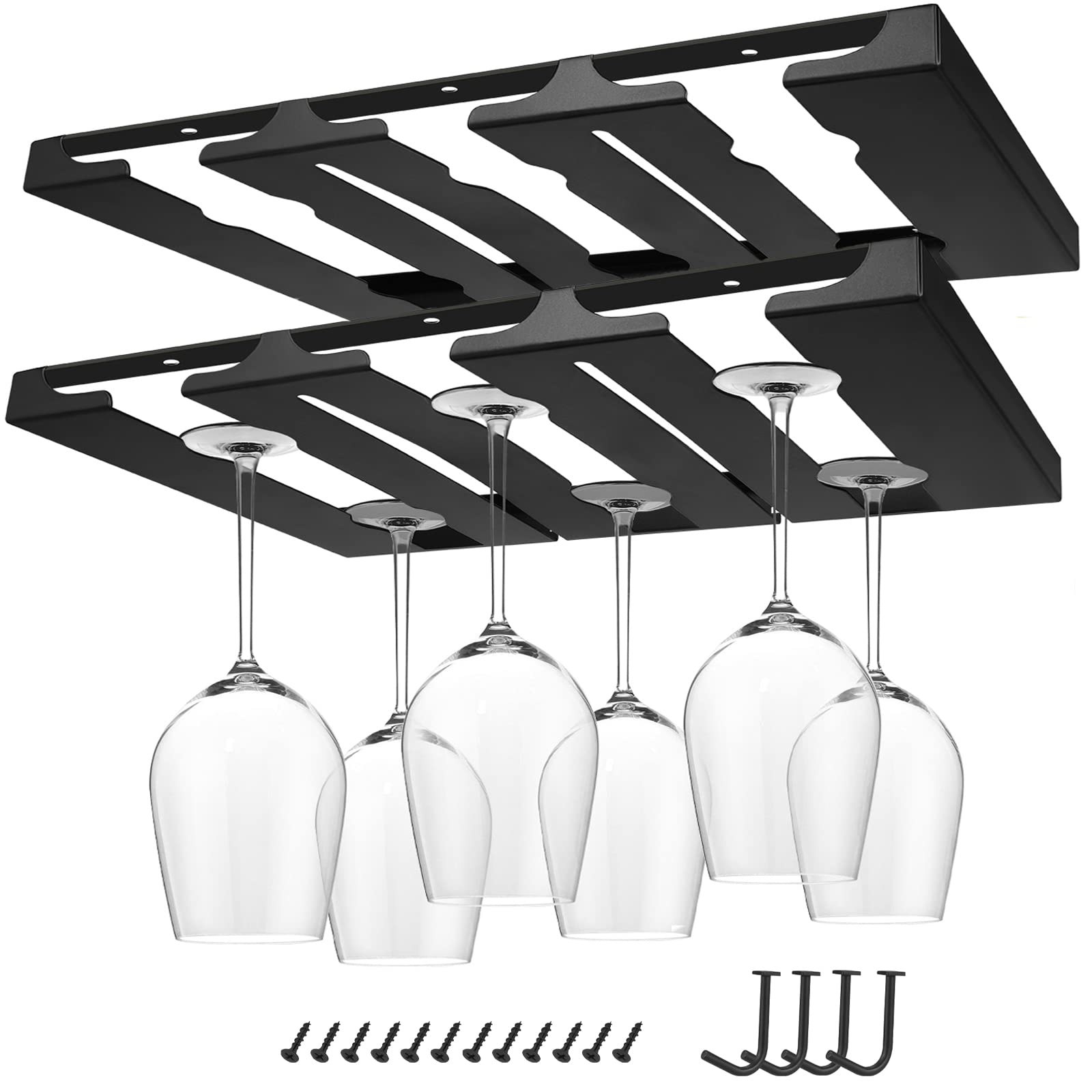 Wine Glass Rack, 2 Pack Under Cabinet Stemware Wine Glasses Holder, Metal Wine Glass Holder Shelf with 4 Mug Hooks Wine Glasses Storage Hanger for Kitchen Bar Restaurant, Black 3 Rows