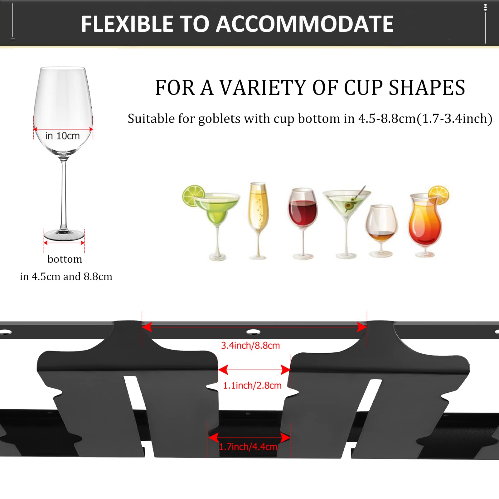 Wine Glass Rack, 2 Pack Under Cabinet Stemware Wine Glasses Holder, Metal Wine Glass Holder Shelf with 4 Mug Hooks Wine Glasses Storage Hanger for Kitchen Bar Restaurant, Black 3 Rows