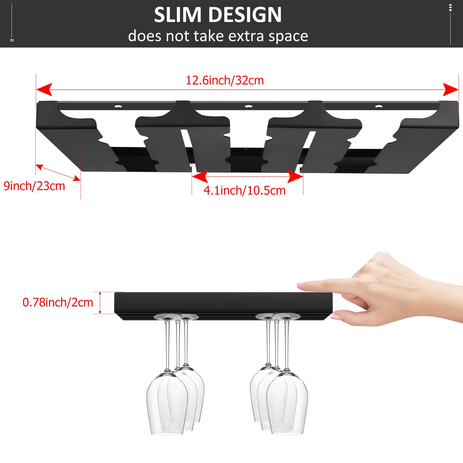 Wine Glass Rack, 2 Pack Under Cabinet Stemware Wine Glasses Holder, Metal Wine Glass Holder Shelf with 4 Mug Hooks Wine Glasses Storage Hanger for Kitchen Bar Restaurant, Black 3 Rows