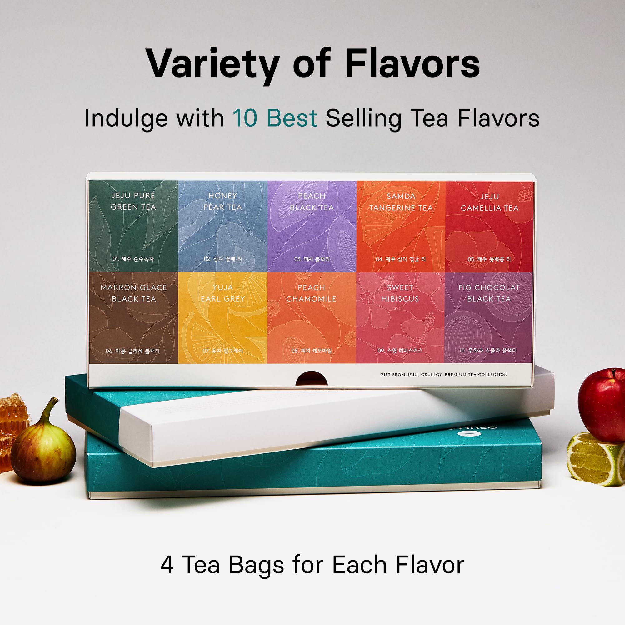 OSULLOC Premium Tea Collection Gift Set, Premium Organic Pure & Blended Tea from Jeju, Tea Bag Series 40 count, 8 flavors x 5 EA