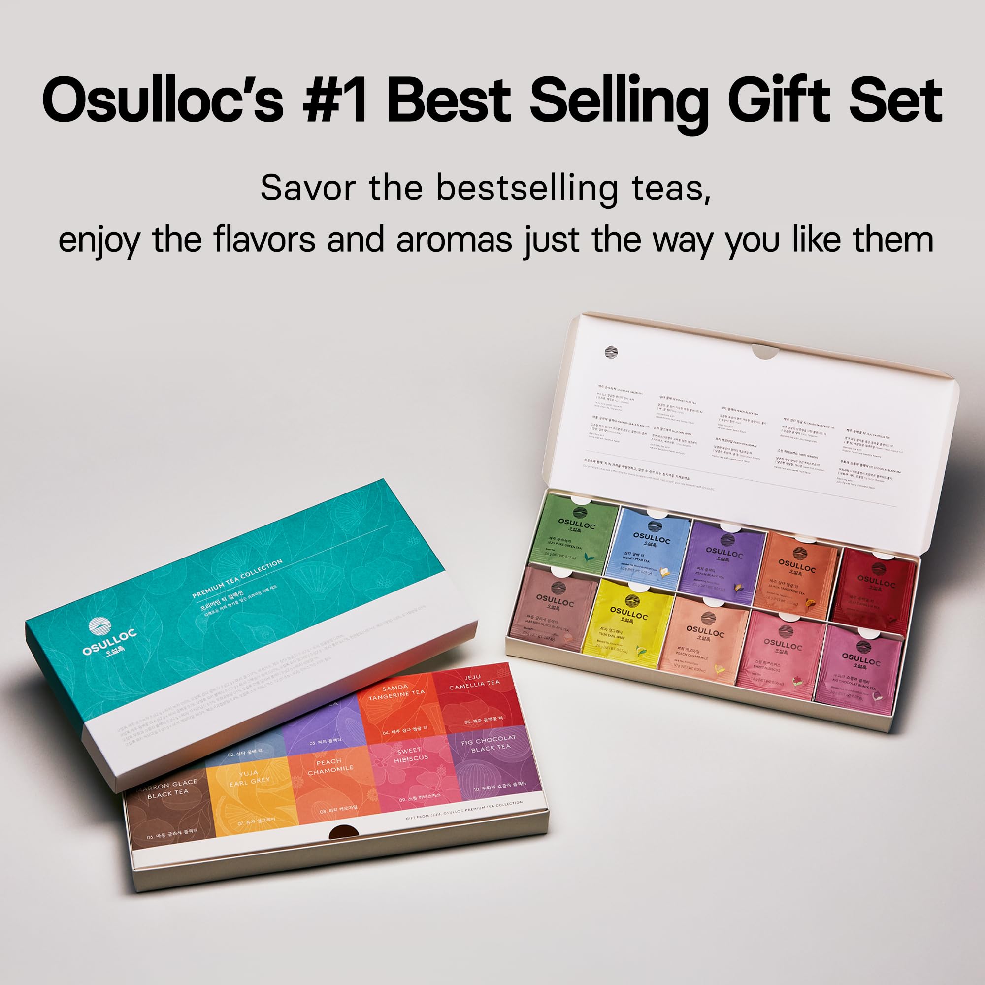 OSULLOC Premium Tea Collection Gift Set, Premium Organic Pure & Blended Tea from Jeju, Tea Bag Series 40 count, 8 flavors x 5 EA