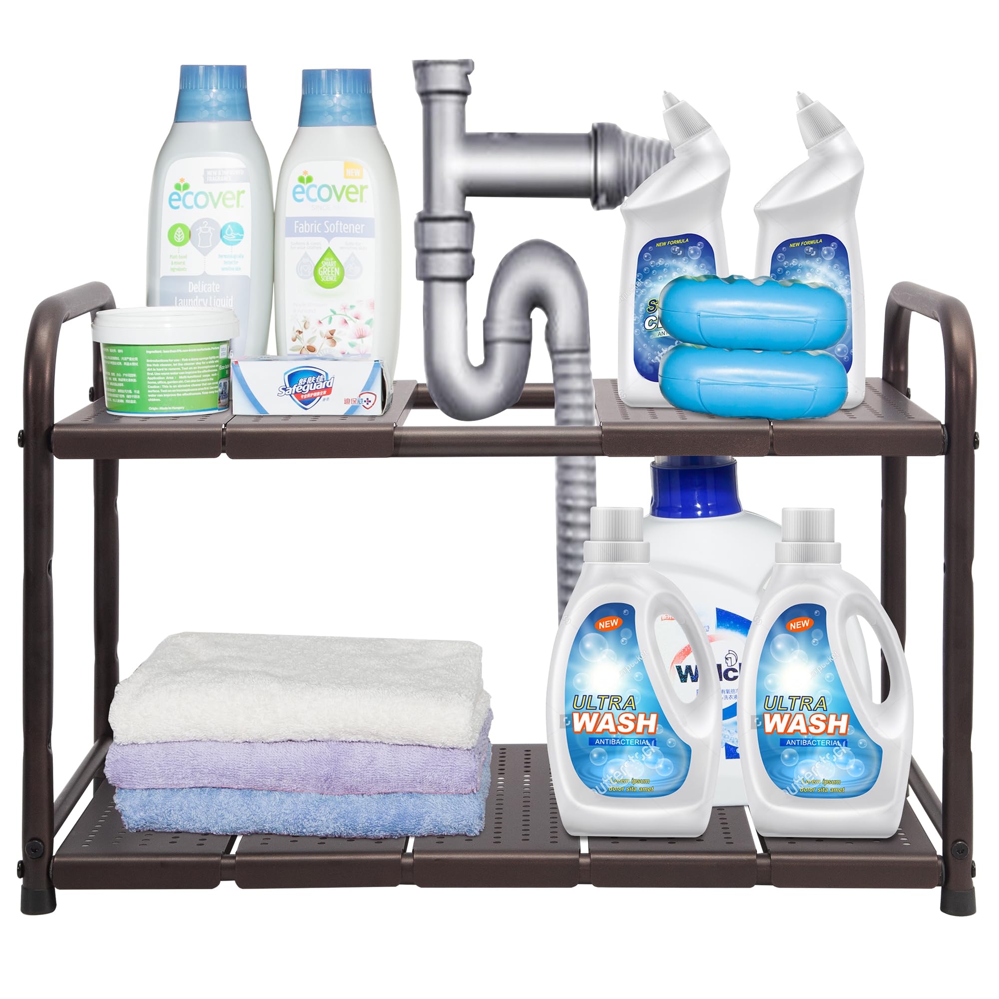 STORAGE MANIAC Under Sink 2 Tier Expandable (Width & Height) Shelf Organizer, Under Sink Organizer and Storage with 10 Removable Steel Panels for Kitchen, Bathroom - from 18.5 to 30 Inches, Bronze
