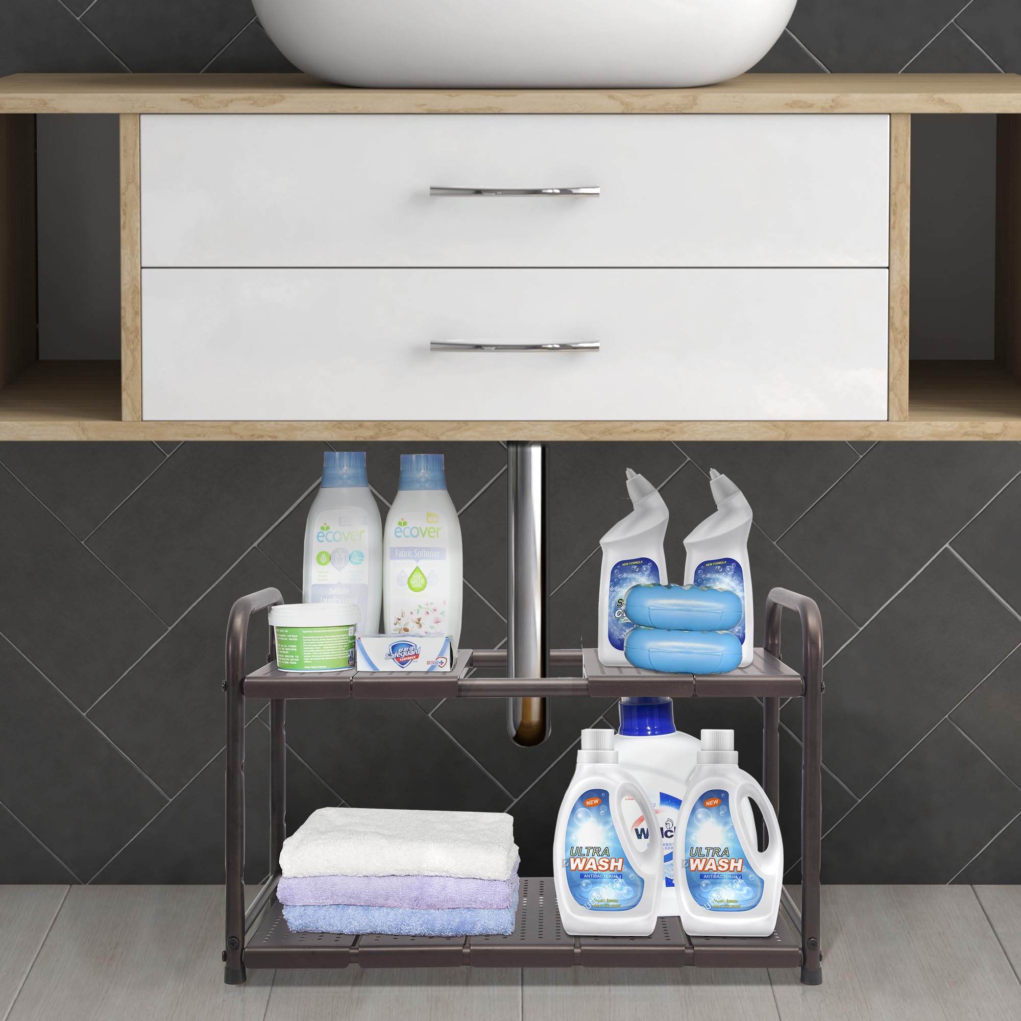 STORAGE MANIAC Under Sink 2 Tier Expandable (Width & Height) Shelf Organizer, Under Sink Organizer and Storage with 10 Removable Steel Panels for Kitchen, Bathroom - from 18.5 to 30 Inches, Bronze