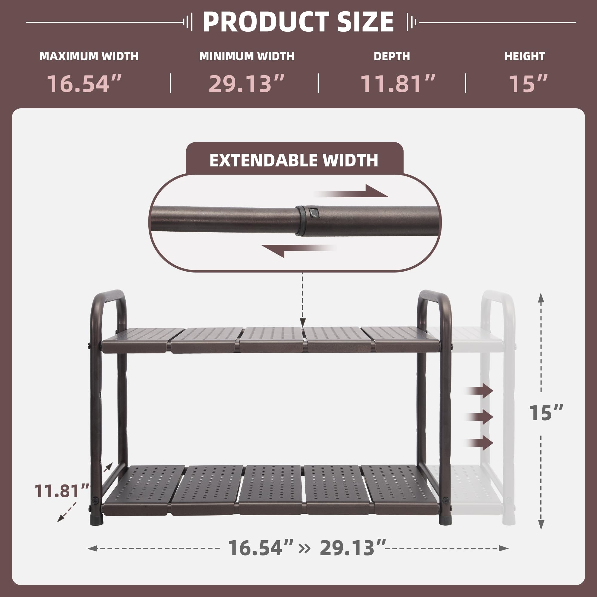 STORAGE MANIAC Under Sink 2 Tier Expandable (Width & Height) Shelf Organizer, Under Sink Organizer and Storage with 10 Removable Steel Panels for Kitchen, Bathroom - from 18.5 to 30 Inches, Bronze