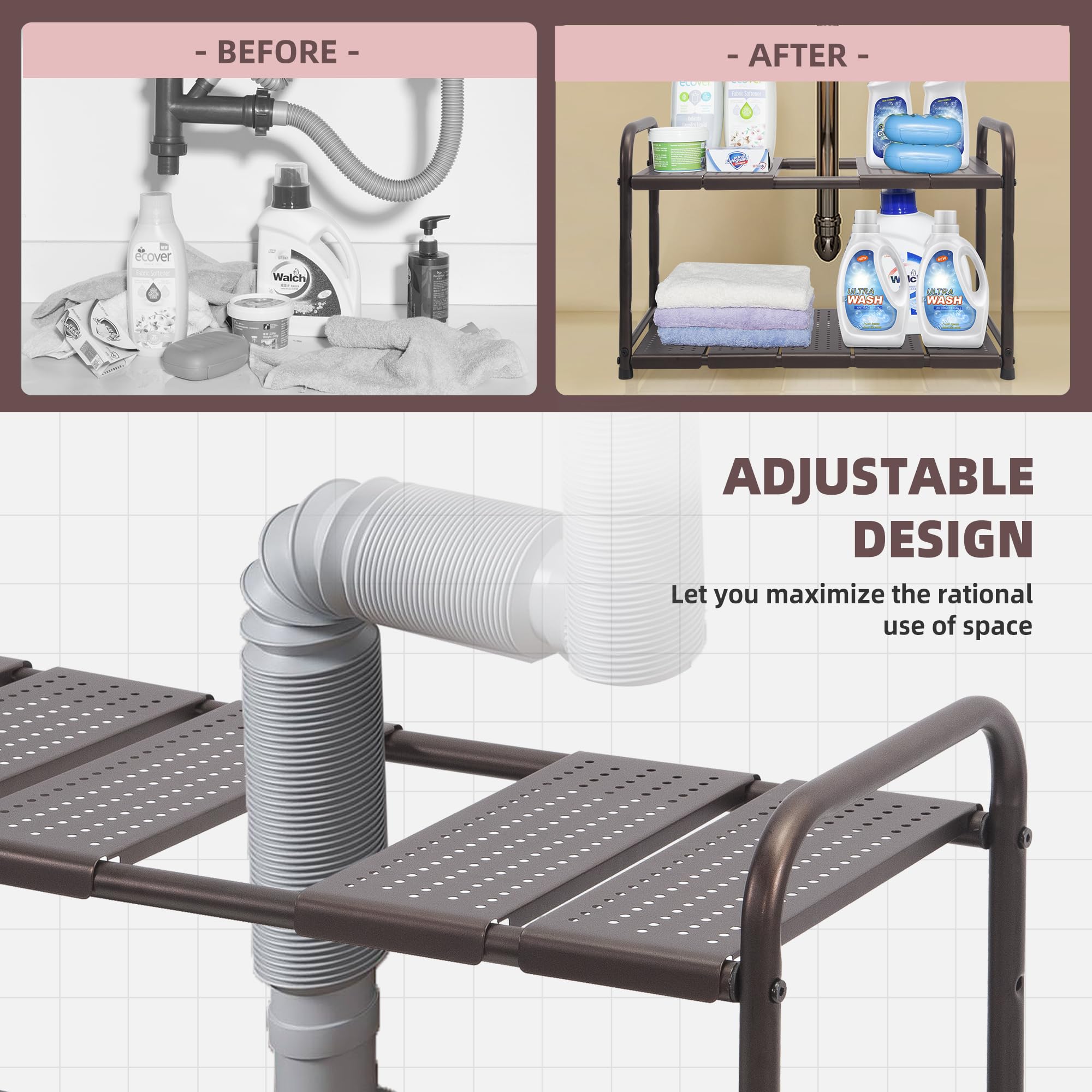 STORAGE MANIAC Under Sink 2 Tier Expandable (Width & Height) Shelf Organizer, Under Sink Organizer and Storage with 10 Removable Steel Panels for Kitchen, Bathroom - from 18.5 to 30 Inches, Bronze