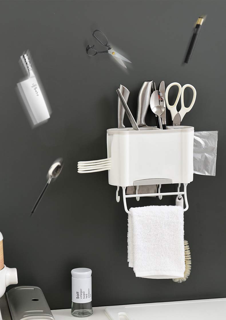 CHERISH Kitchen Multifunctional Wall Storage Rack, Adhesive Wall Mount Cutlery Knife Holder Hanger, Kitchen Cooking Utensil Holder Caddy with Phone Holder and 4 Hooks, Spoon and Fork Holder Rack