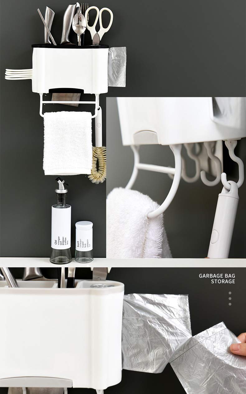 CHERISH Kitchen Multifunctional Wall Storage Rack, Adhesive Wall Mount Cutlery Knife Holder Hanger, Kitchen Cooking Utensil Holder Caddy with Phone Holder and 4 Hooks, Spoon and Fork Holder Rack