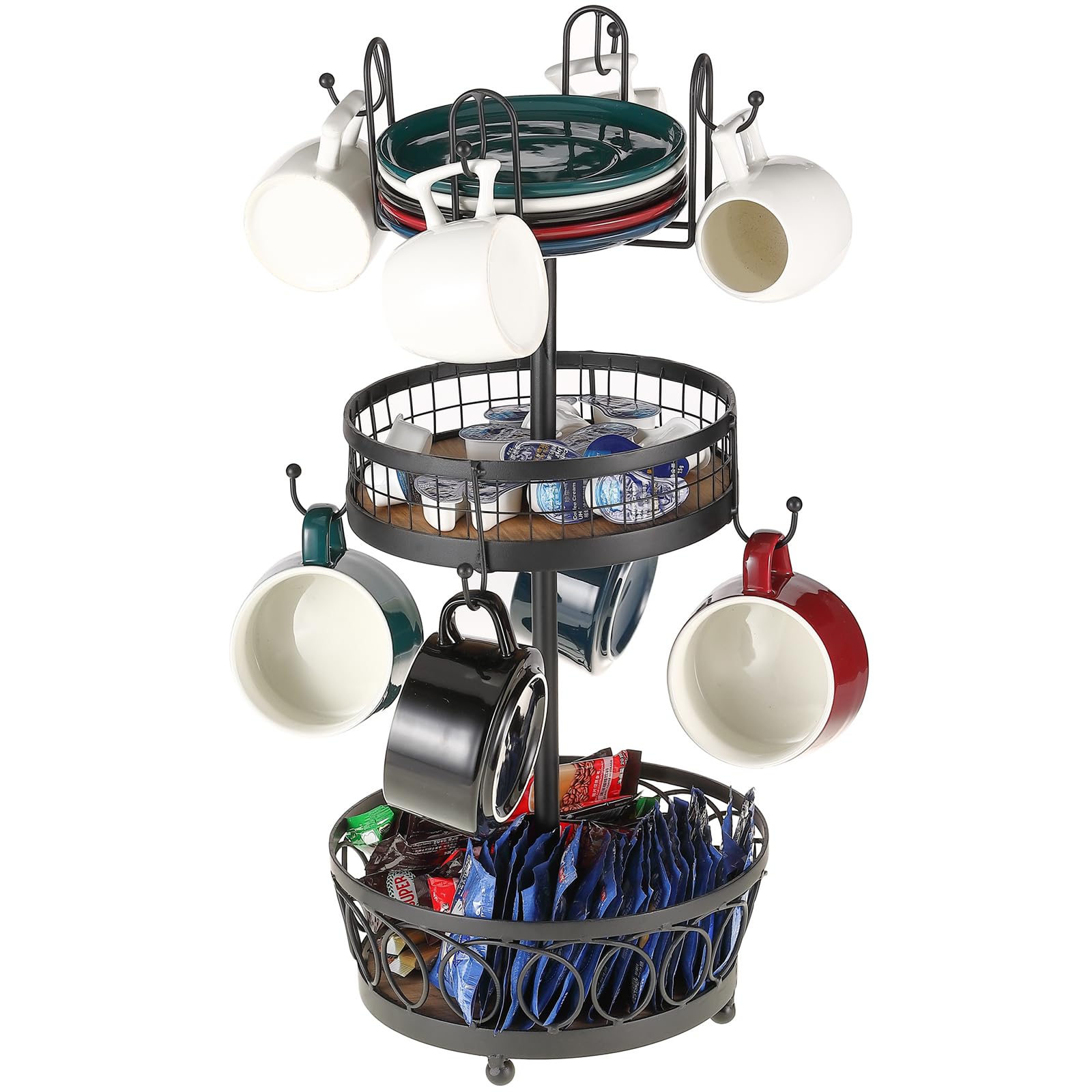 Coffee Cup Tree Coffee Mug Holder Tree Stand 4 Tiers Coffee Cup Stand with 12 Mug Hooks Mug Rack Countertop with Storage Basket Coffee Mug Tree for Counter with Wooden Handle Perfect for Bar Kitchen