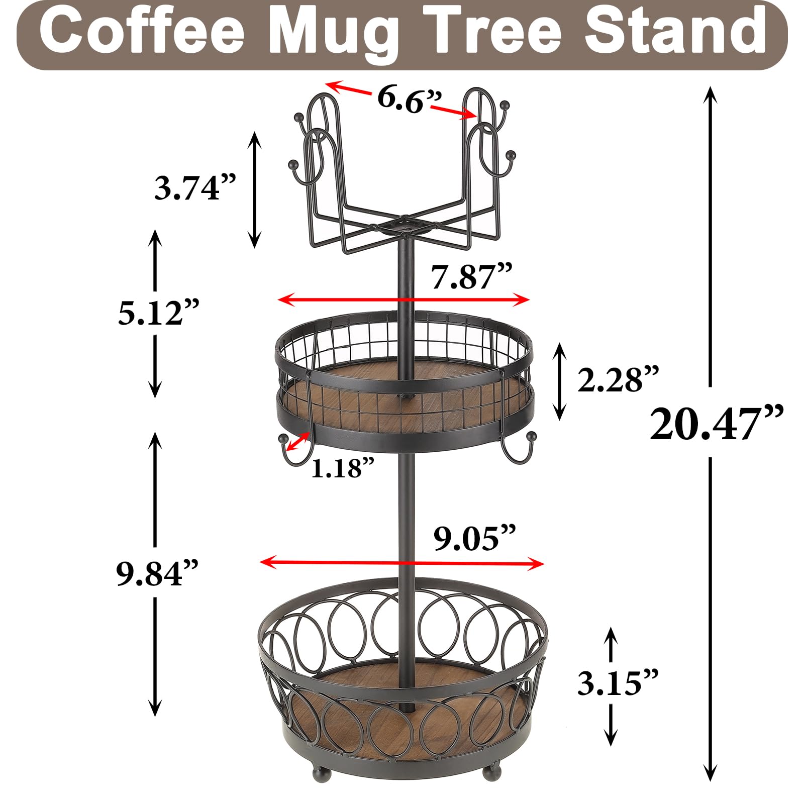 Coffee Cup Tree Coffee Mug Holder Tree Stand 4 Tiers Coffee Cup Stand with 12 Mug Hooks Mug Rack Countertop with Storage Basket Coffee Mug Tree for Counter with Wooden Handle Perfect for Bar Kitchen