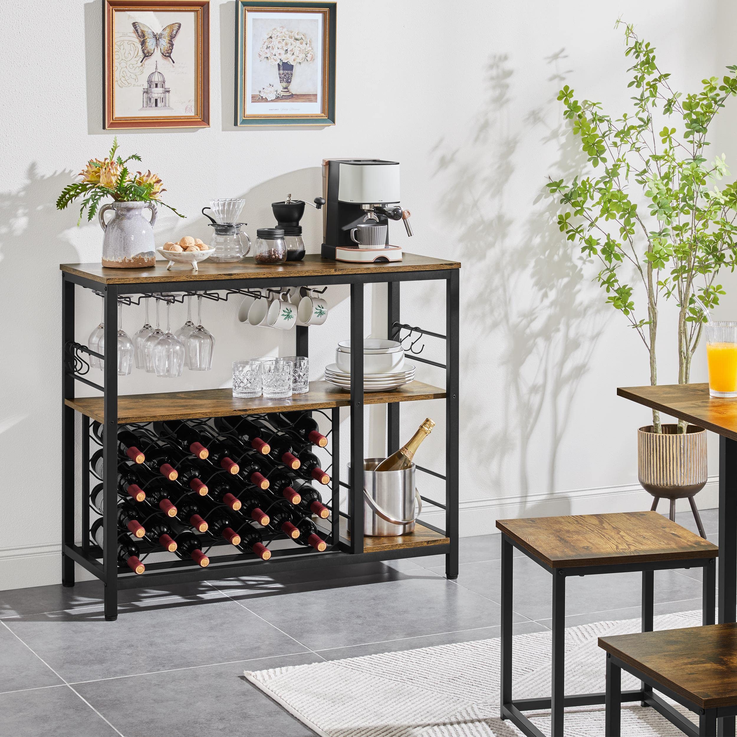 Yaheetech Wine Rack Table with Glass Holder, Industrial Wine Bar Cabinet with 25-Bottle Wine Storage and 6 Hooks, Coffee Bar Table Liquor Cabinet for Bar, Buffet, Living Room, Kitchen, Rustic Brown