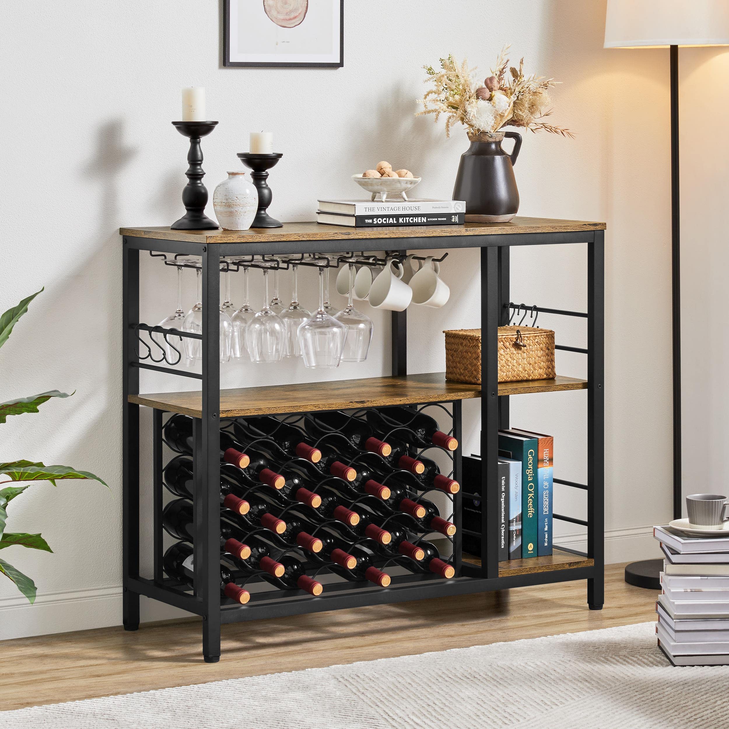Yaheetech Wine Rack Table with Glass Holder, Industrial Wine Bar Cabinet with 25-Bottle Wine Storage and 6 Hooks, Coffee Bar Table Liquor Cabinet for Bar, Buffet, Living Room, Kitchen, Rustic Brown